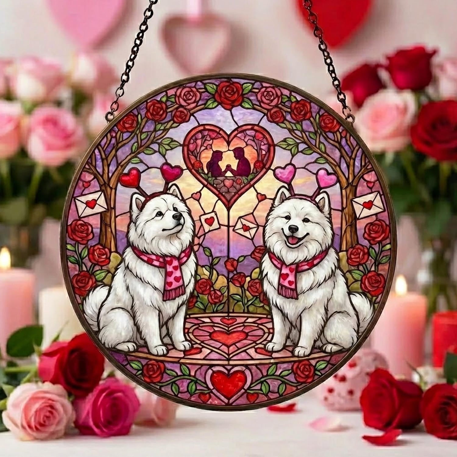 White Dog Glass Suncatcher Hanging Couple Love Valentine Window Decor ...