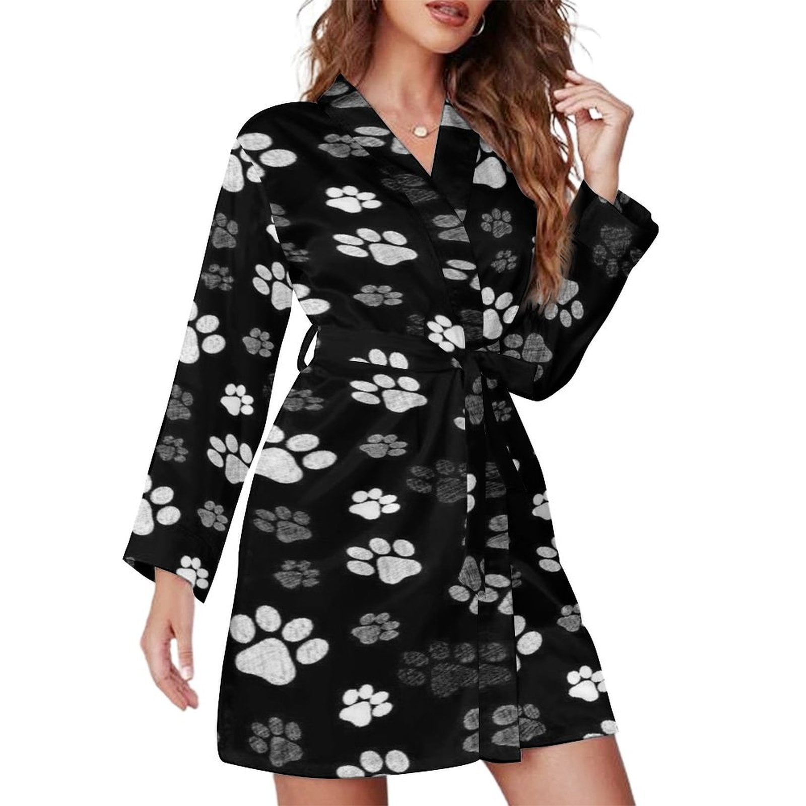 White Dog Paw Retro Style Night Robe Long Sleeve V Neck Robe With Belt ...