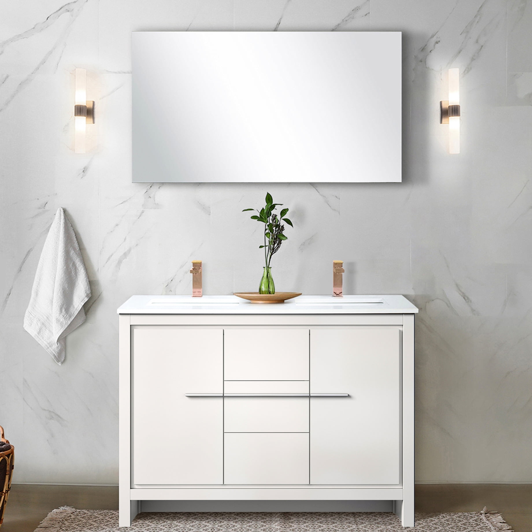 White Double Bath Vanity 48" W X 20" D, Quartz Countertop, Rose Gold ...