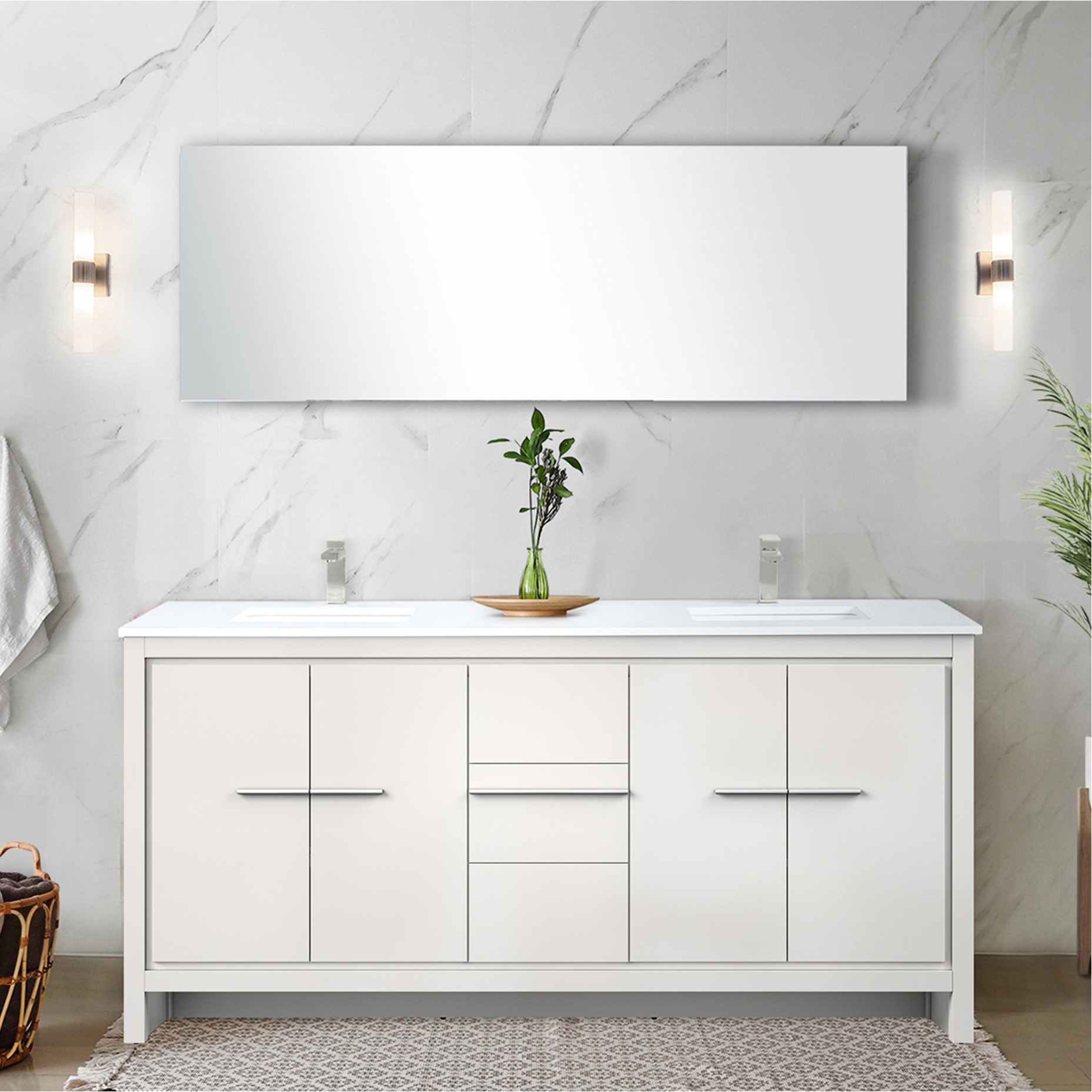 White Double Bath Vanity 72 In. W X 20 D, Cultured Marble & Faucet ...
