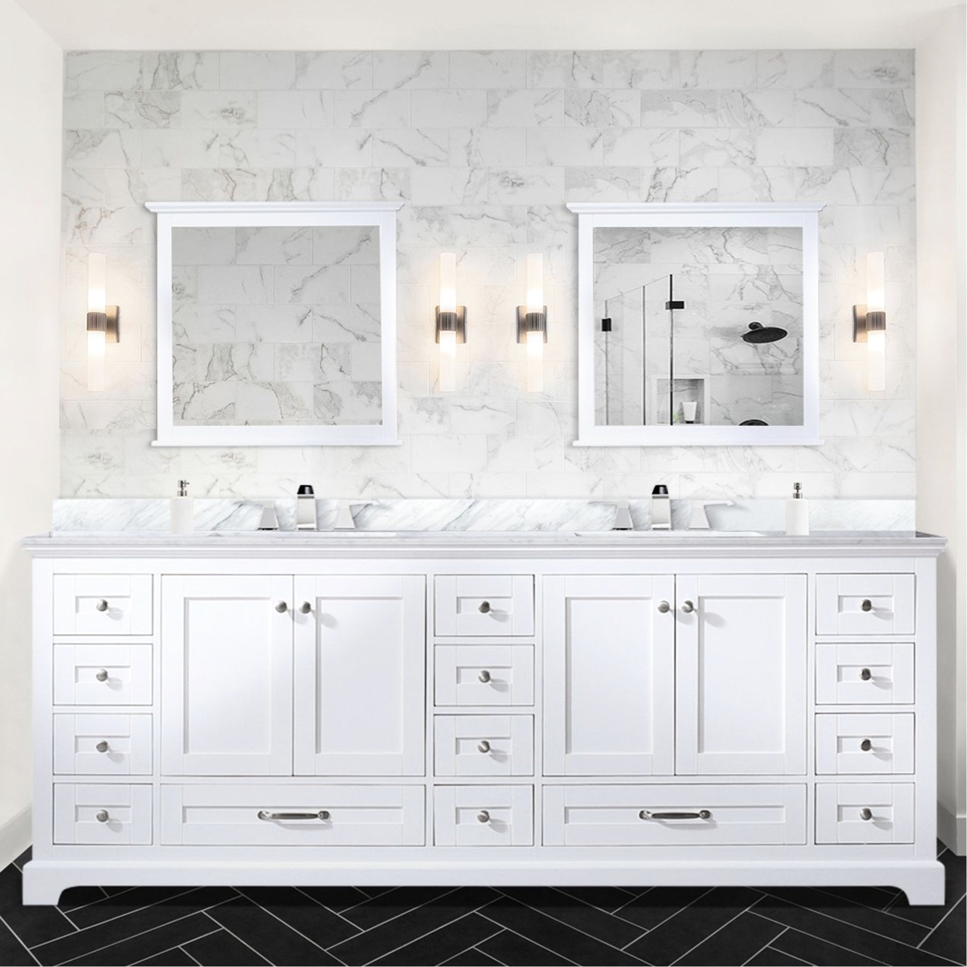 White Double Bath Vanity | Open Shelf and Drawers | Fully Assembled ...