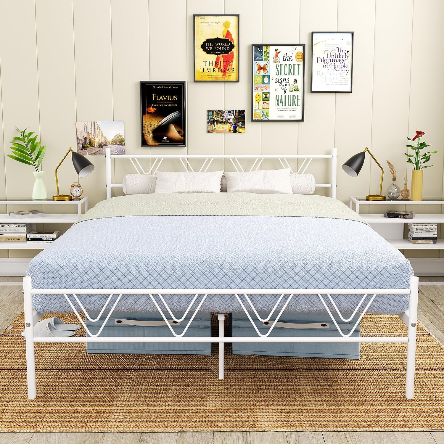 White Double Bed Frame, Full Size Bed Frames No Box Spring Needed, Full ...