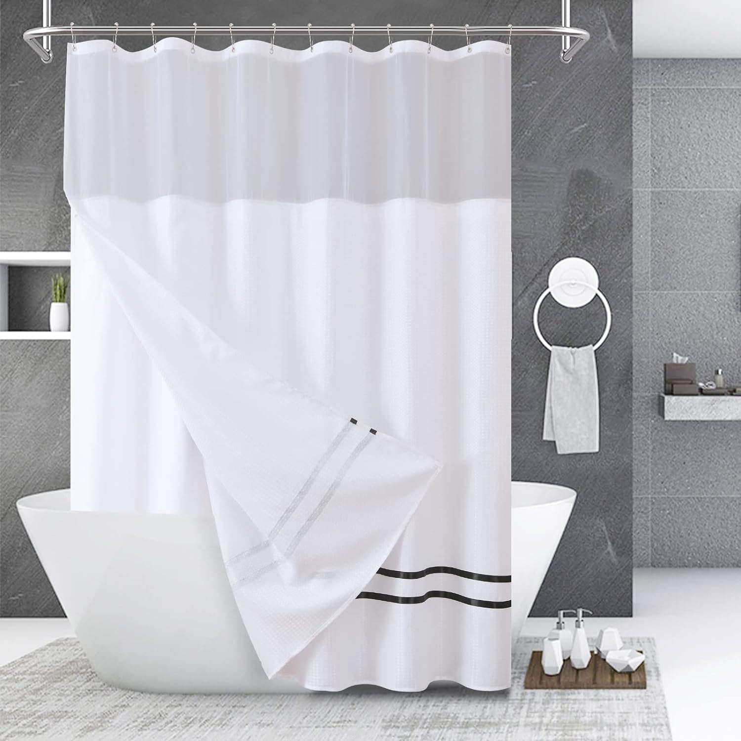 White Double Shower Curtains for Bathroom with Snap-in Liner Ombre ...