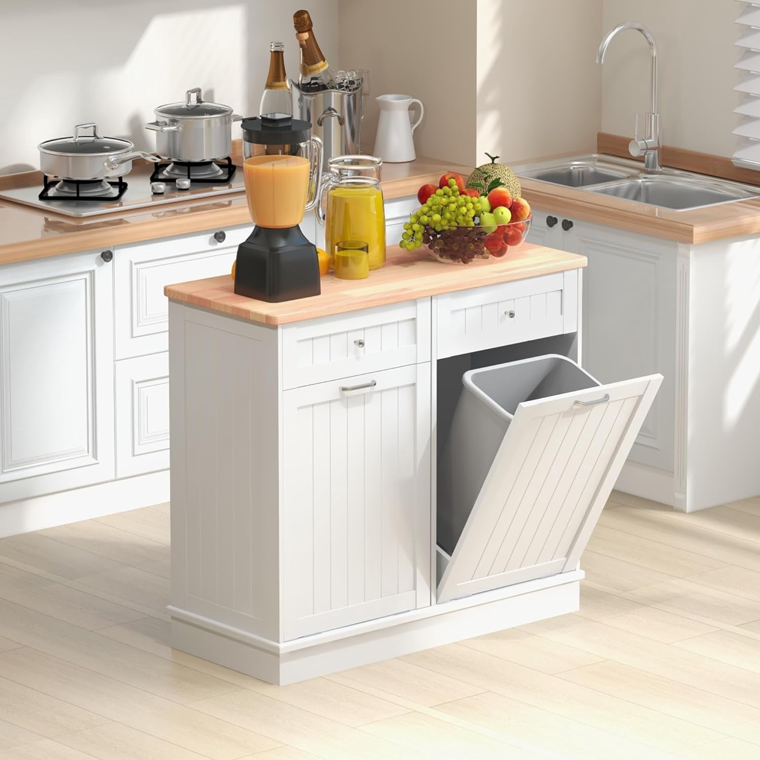 White Double Tilt Out Trash Cabinet, Pet Proof Concealed Kitchen Island ...