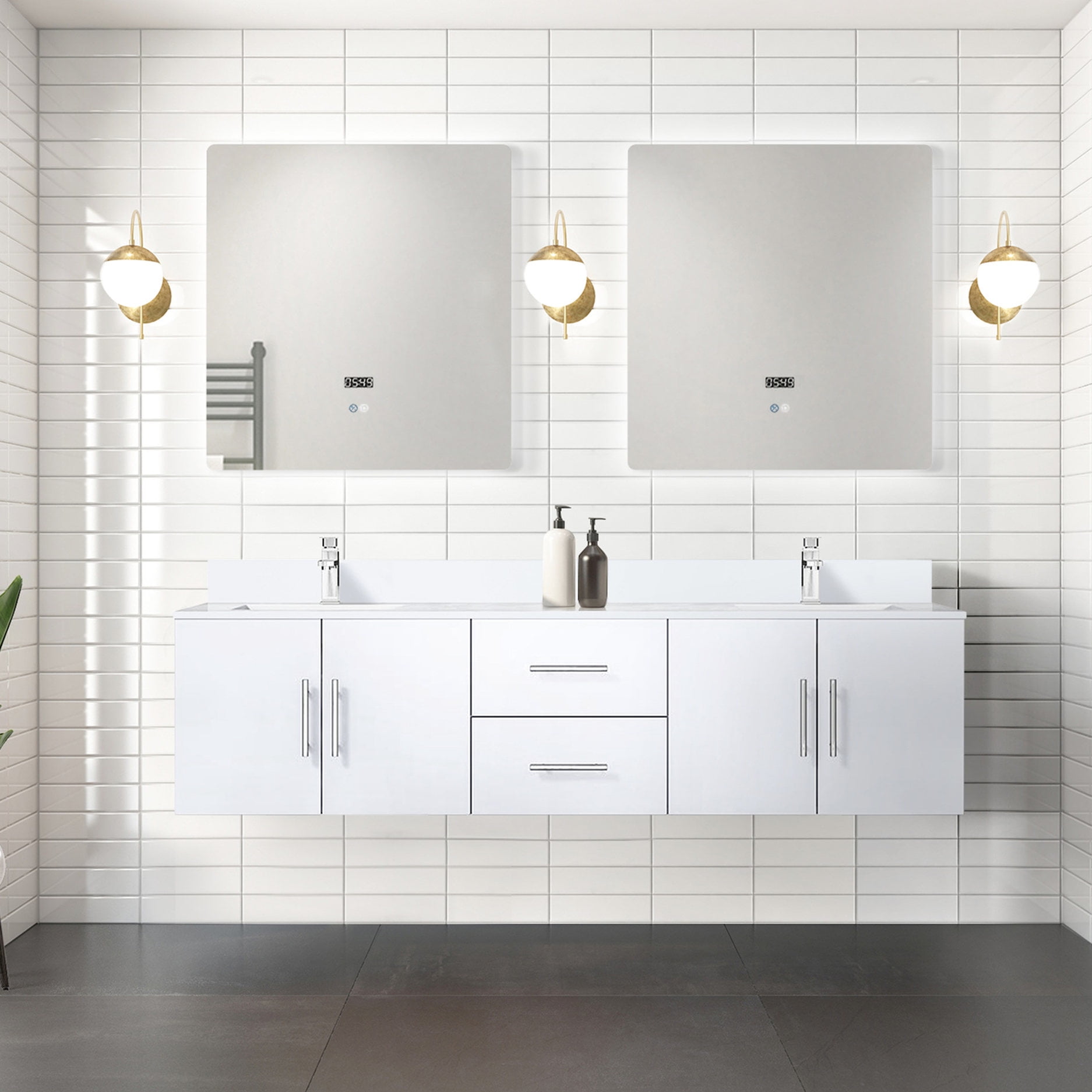 White Double Vanity with LED Mirrors | Stain - Resistant Surface ...