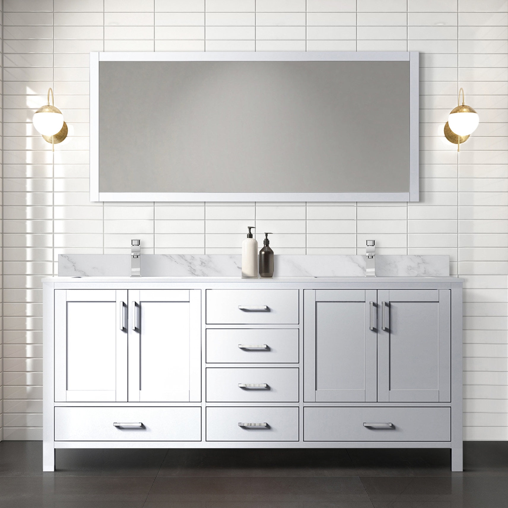 White Double Vanity with Six Drawers and Mirror / Easy - to - Install ...