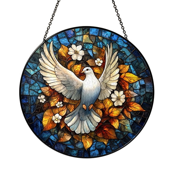 White Dove Bird Stained Glass Style Suncatcher, Round Decorative Window ...