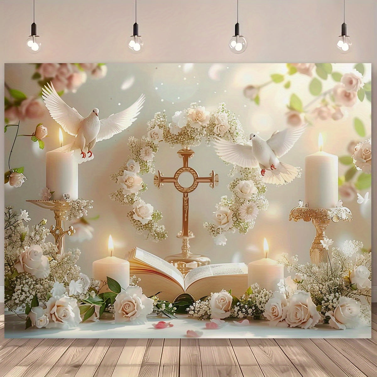 White Dove Cross Floral Wedding Romantic Background, Party Banner ...