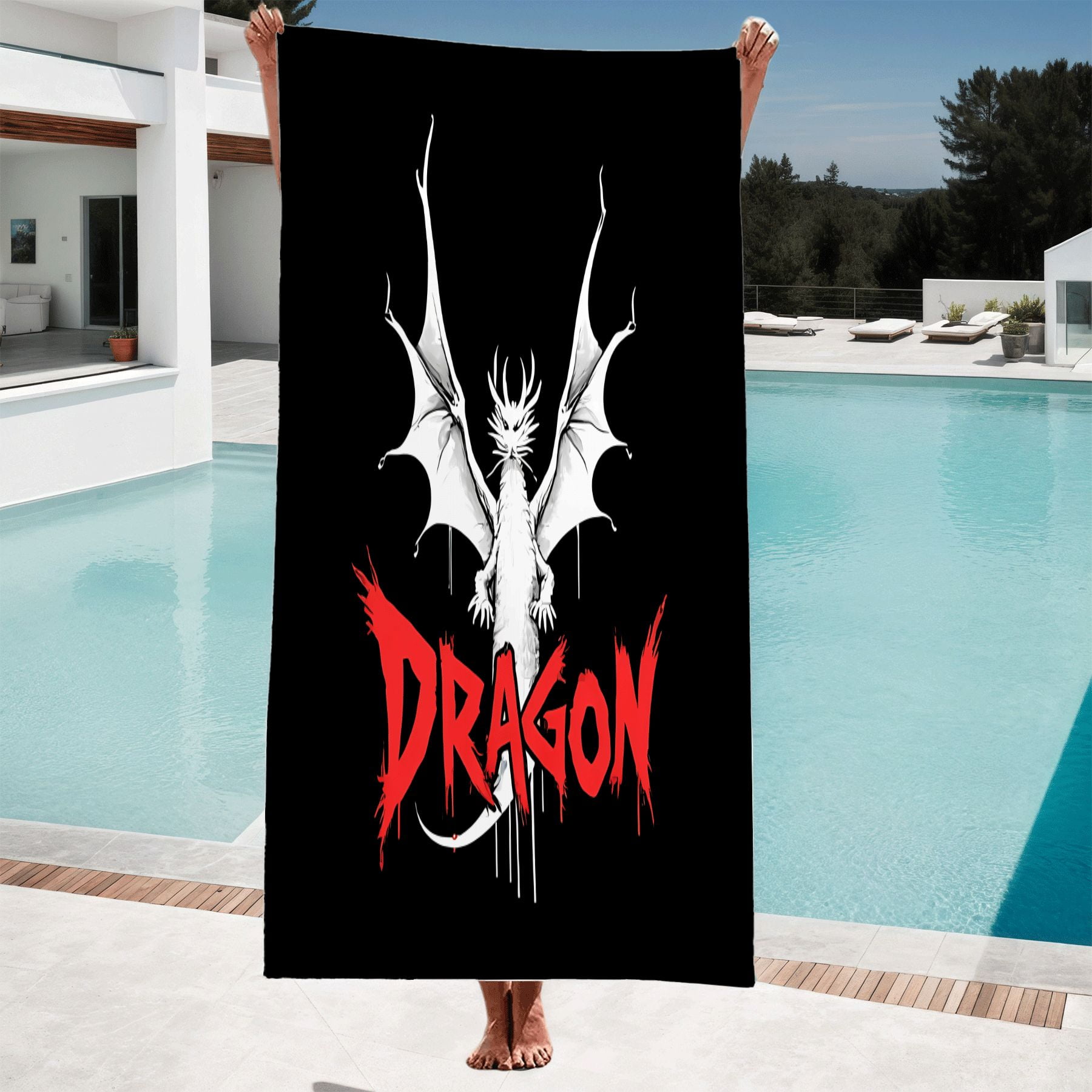 White Dragon Beach Towel - Bold Red Dripping ' DRAGON ' Design Perfect ...