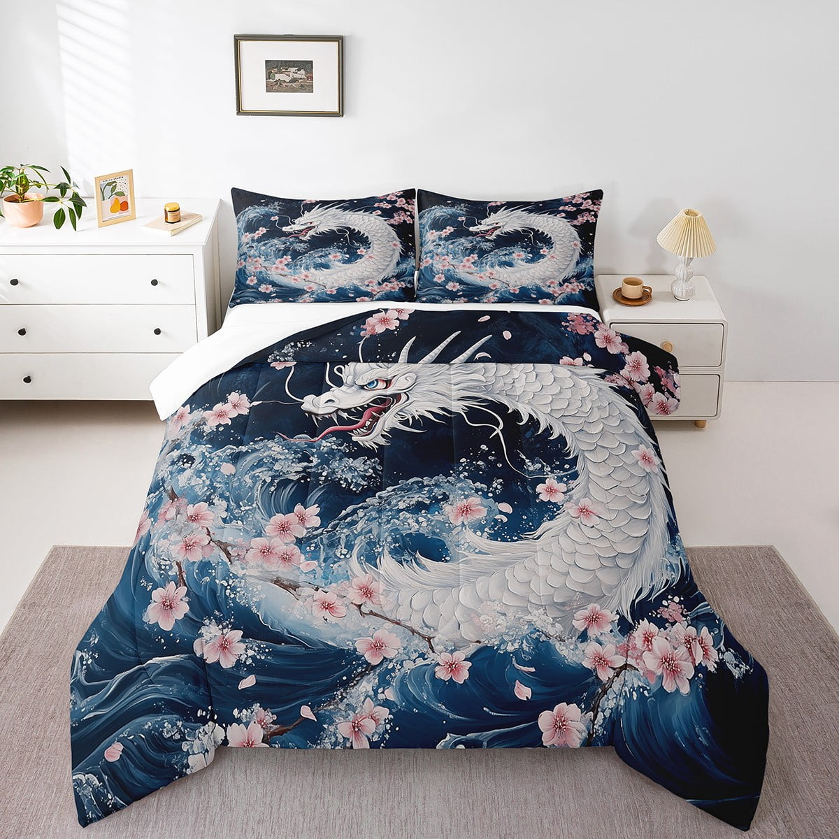 White Dragon Comforter Set Japanese Style Bedding Set Wave Ocean Twin ...
