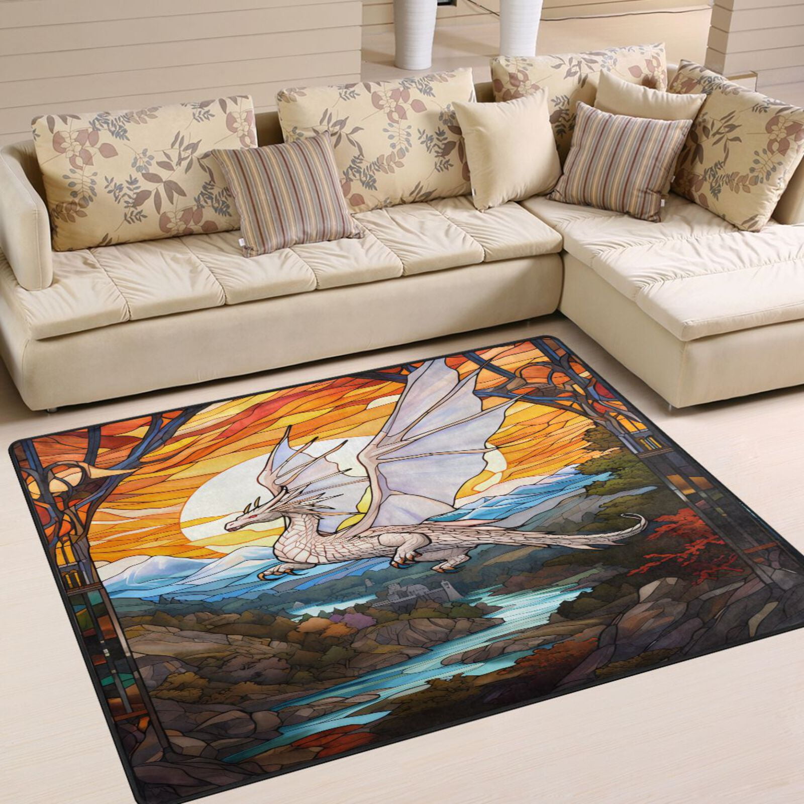 White Dragon Mountains Lake Sun Trees Area Rug Washable 80 x 58 Floor ...