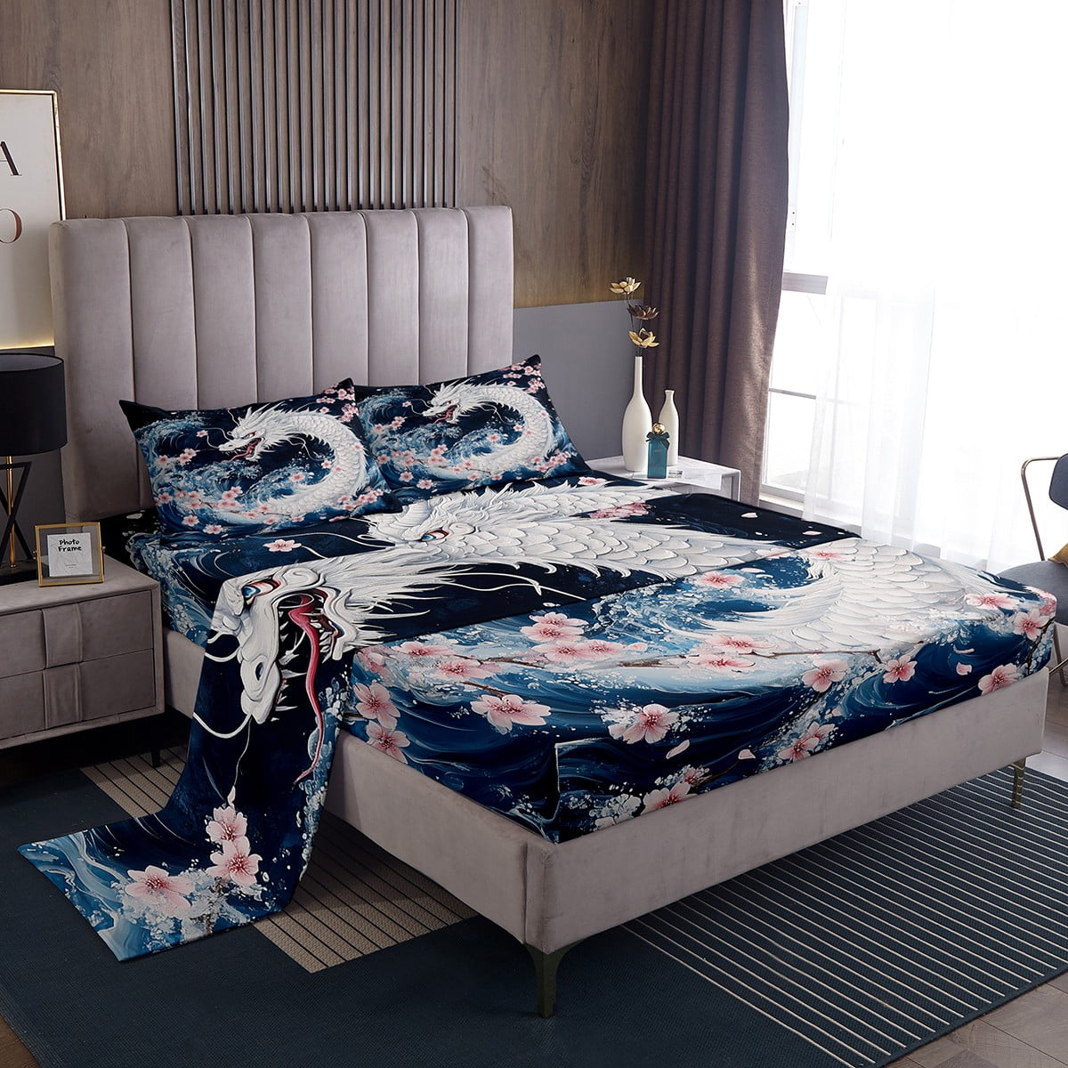 White Dragon Sheet Set Japanese Style Bed Sheets Set Wave Ocean Full ...