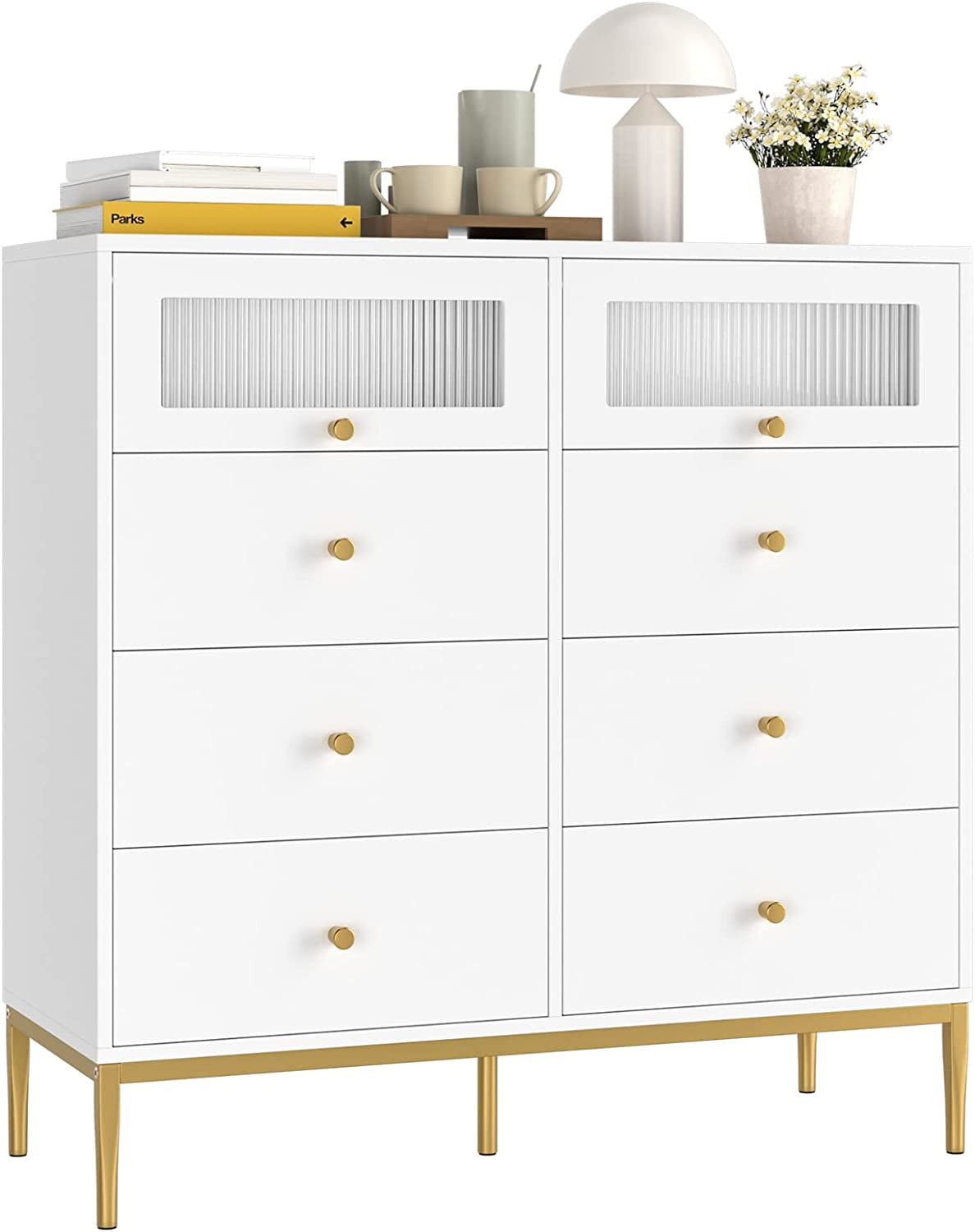 White Dresser 8 Drawer Dresser Double Dresser for Bedroom with Fluted Glass Door and Gold Metal ...