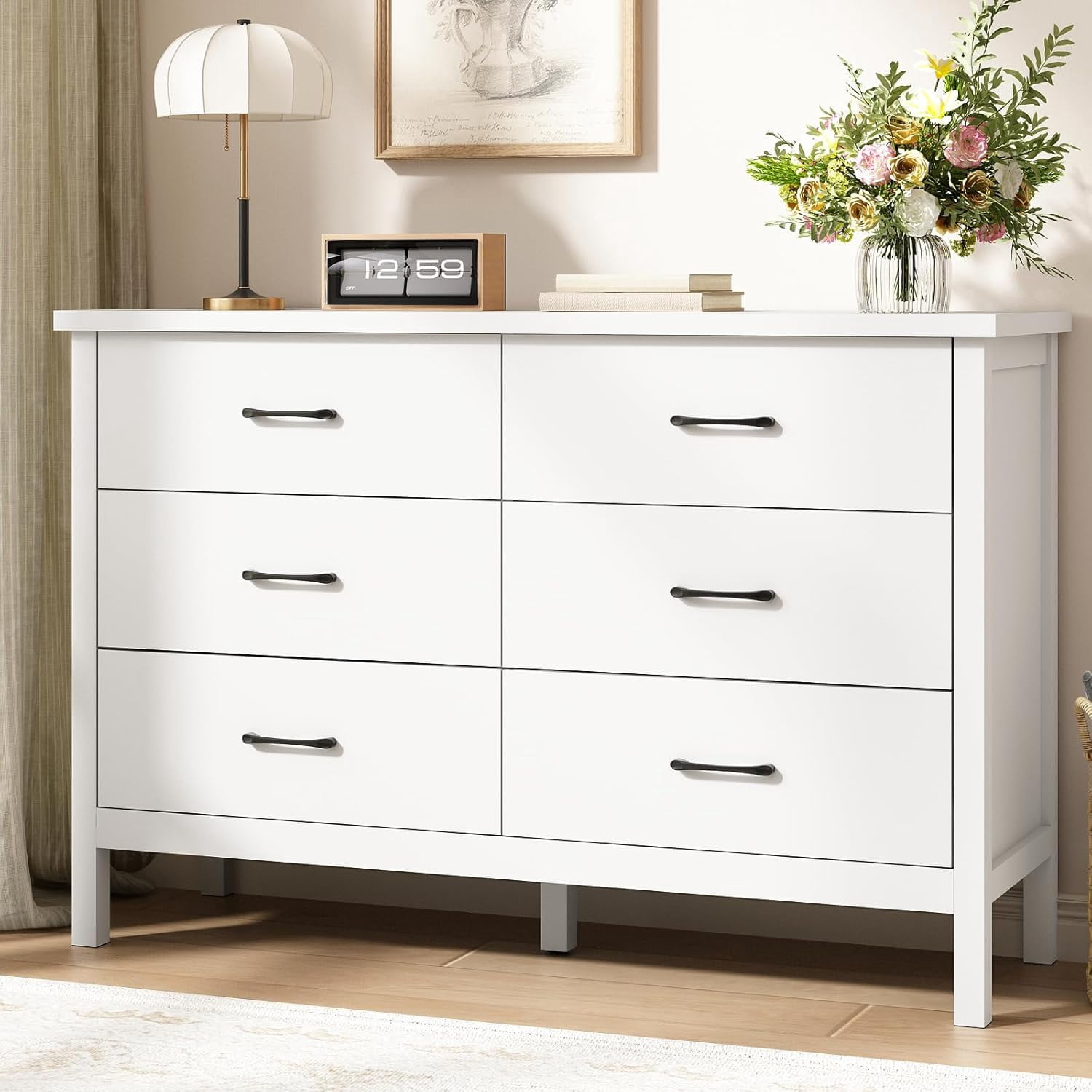 White Dresser for Bedroom, 6 Drawer Wood Double Dresser with Metal ...