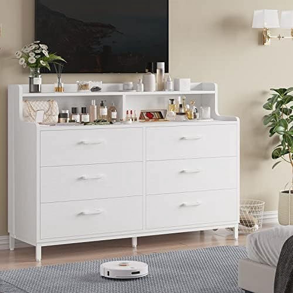 White Dresser for Bedroom with 6 Drawers and Storage Shelves, Wide ...