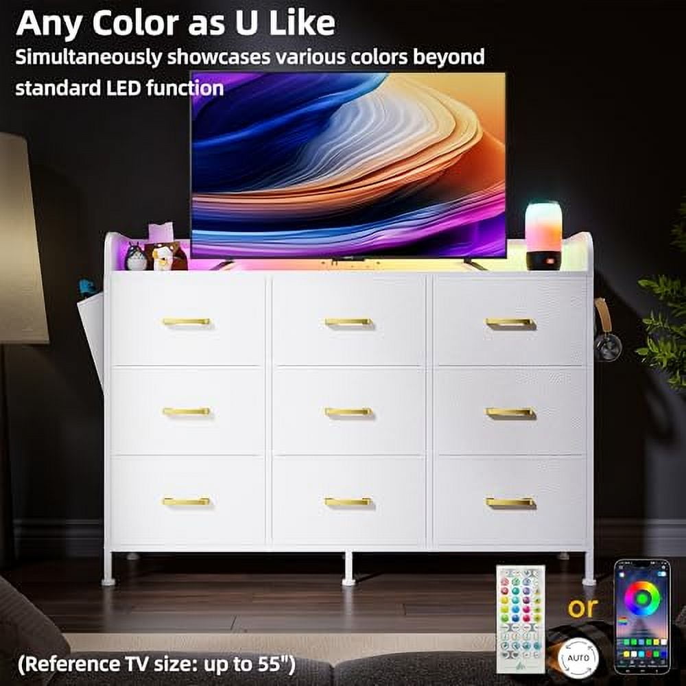 White Dresser for Bedroom, Bedroom Dresser with LED Lights and Charging ...