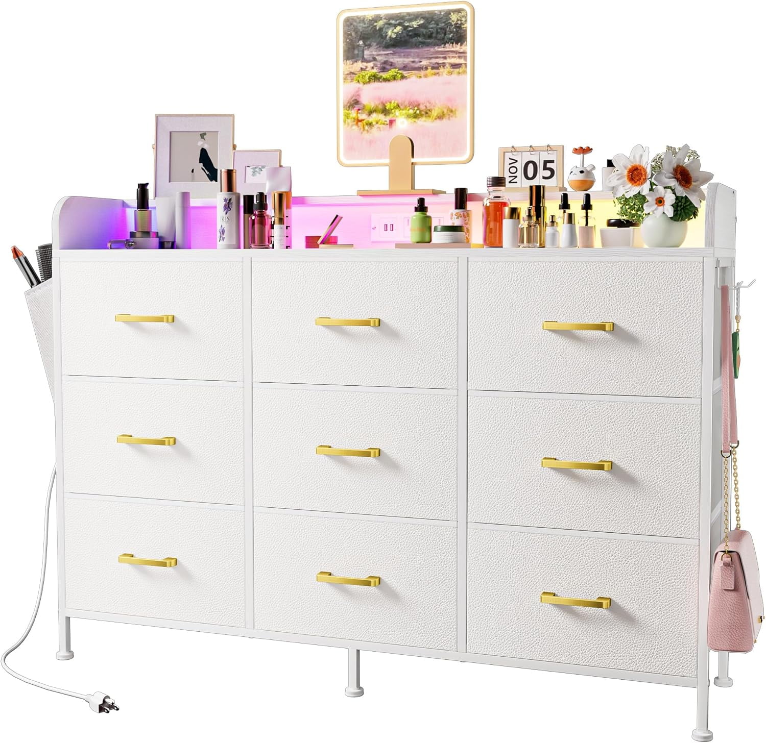 White Dresser for Bedroom, Bedroom Dresser with LED Lights and Charging ...