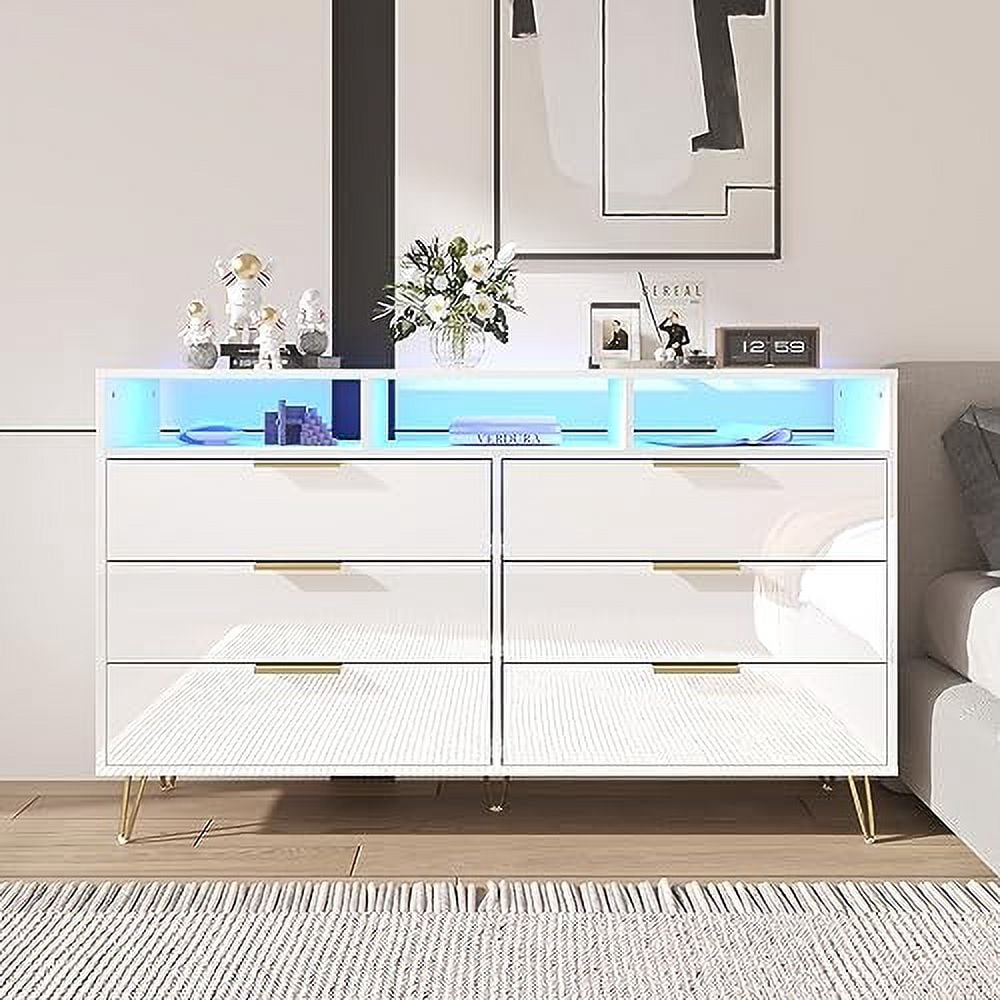 White Dresser for Bedroom with LED Lights, 6 Drawer Dresser with Gold ...