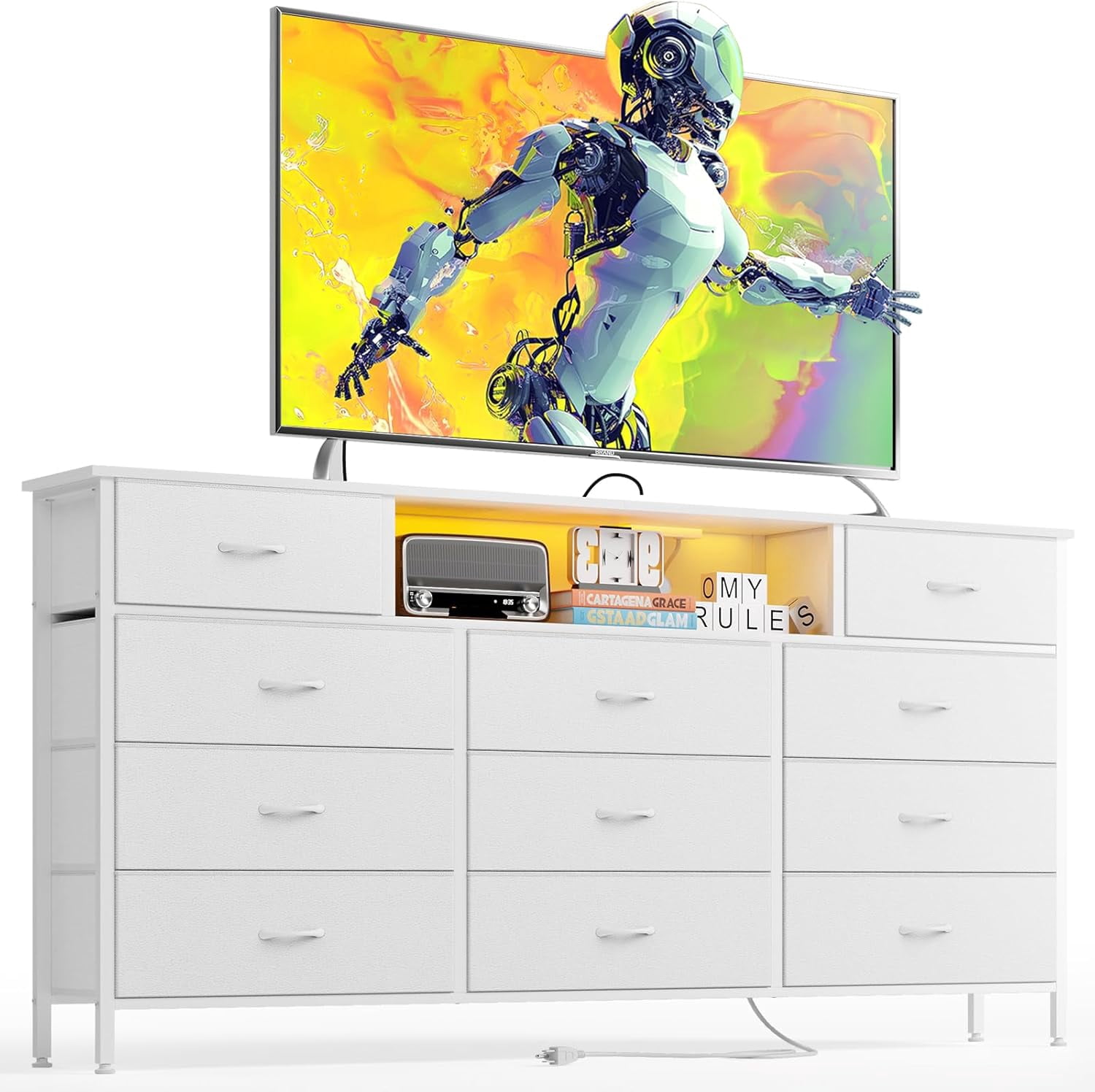 White Dresser for Bedroom with Power Outlets and LED Lights 11 Drawers ...