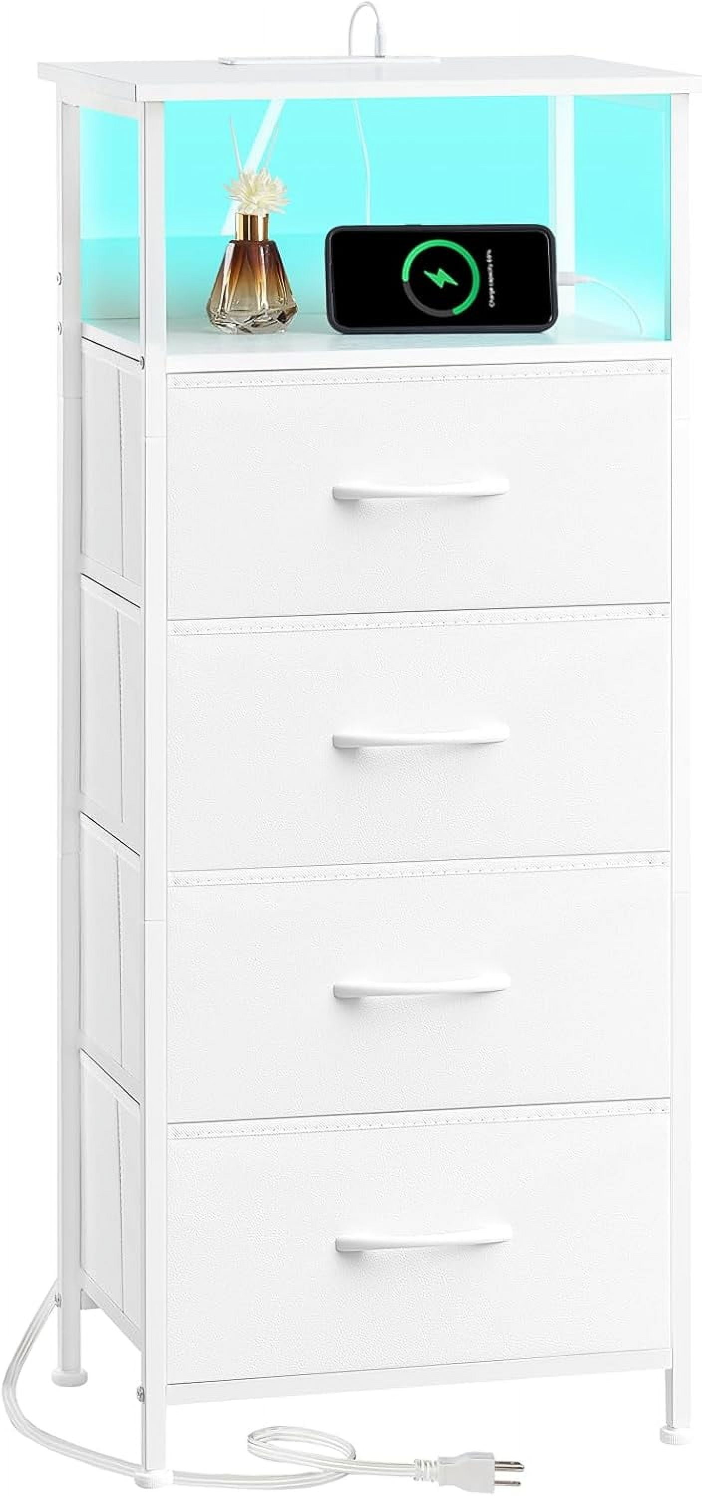 White Dresser with Charging Station and LED Light for Bedroom, Tall 4 ...