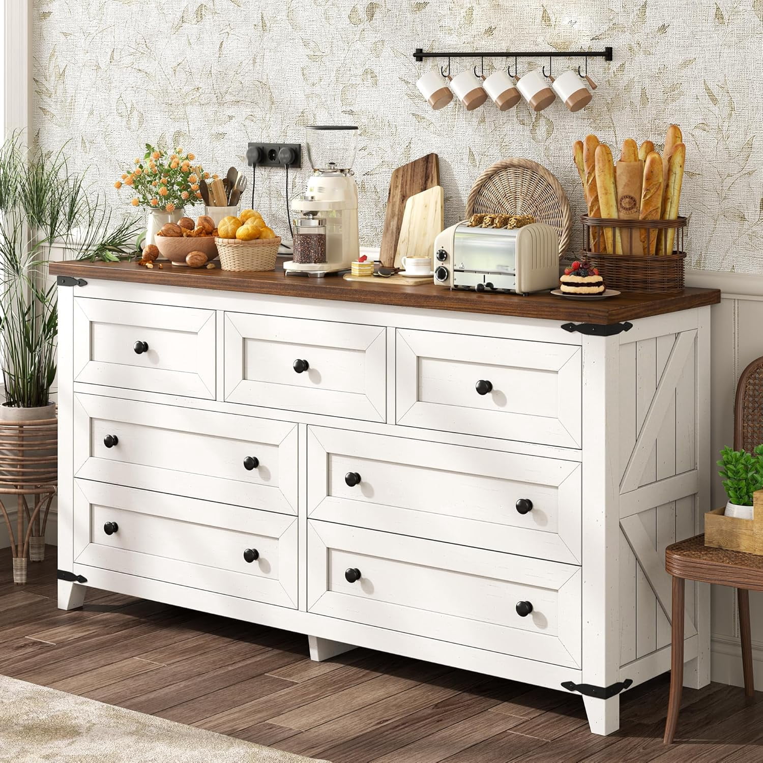 White Dresser, Farmhouse Dresser with Smooth Metal Rails, Wide Large ...