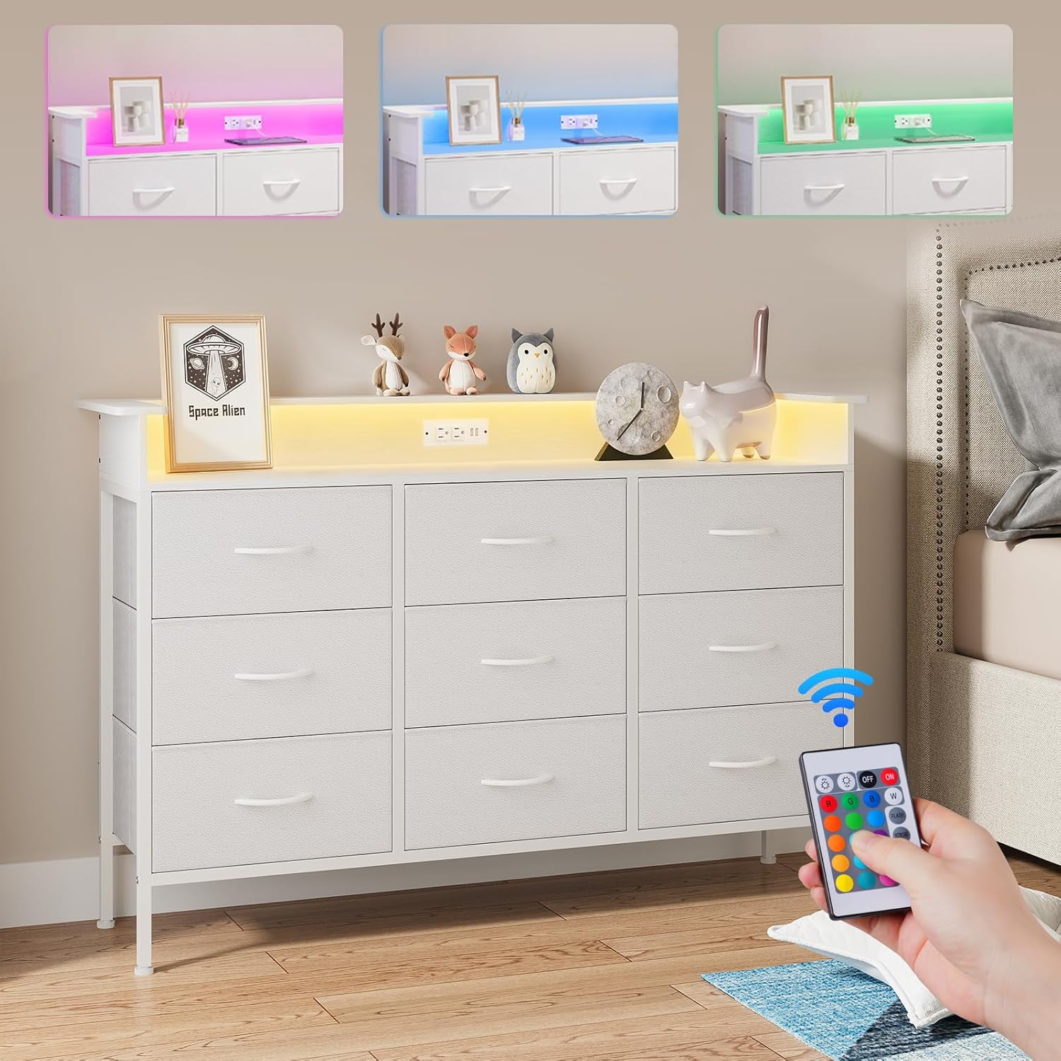 White Dresser with LED Light for Bedroom, 9 Drawer Dresser with ...