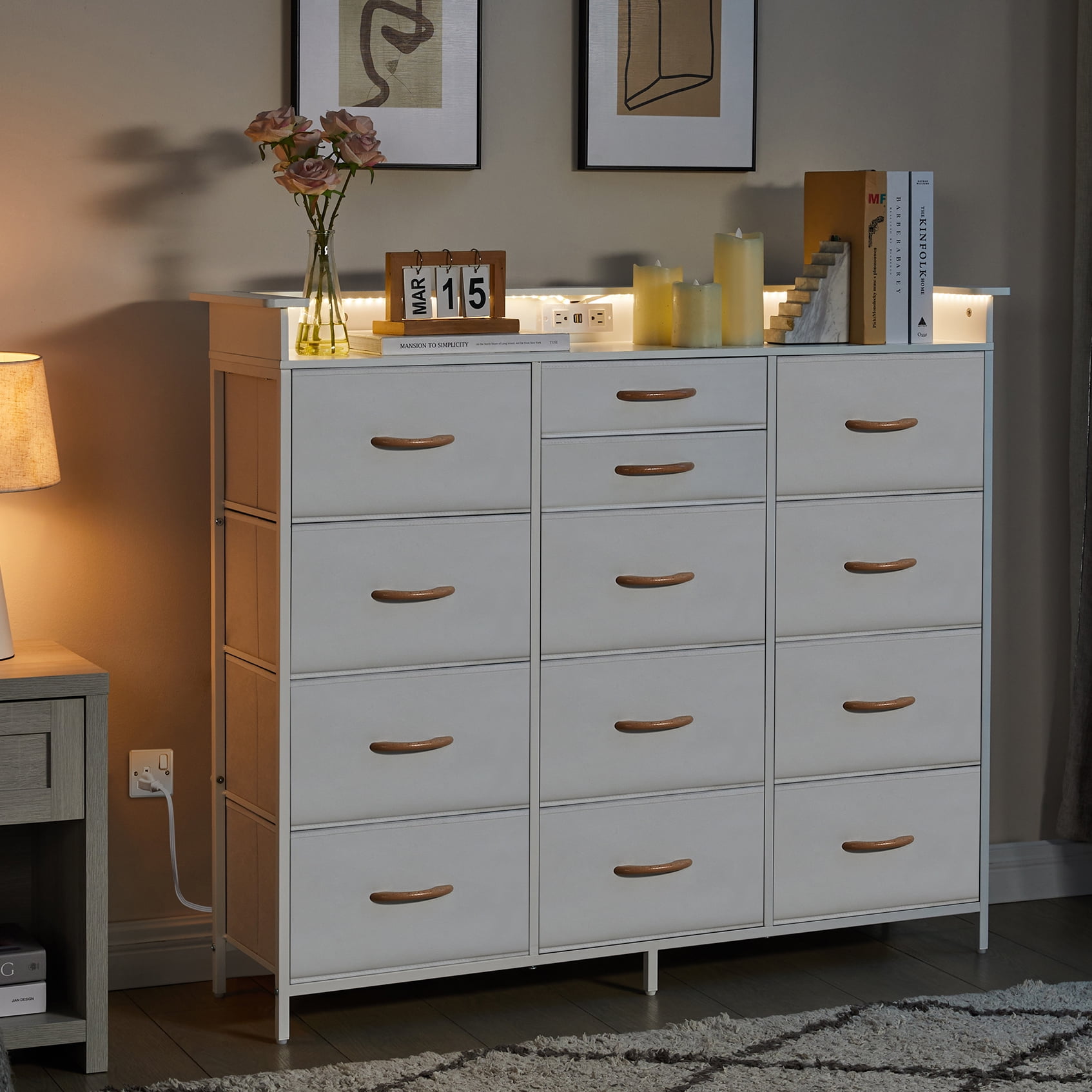White Dresser with LED Light, Dresser for Bedroom 13 Drawers with ...