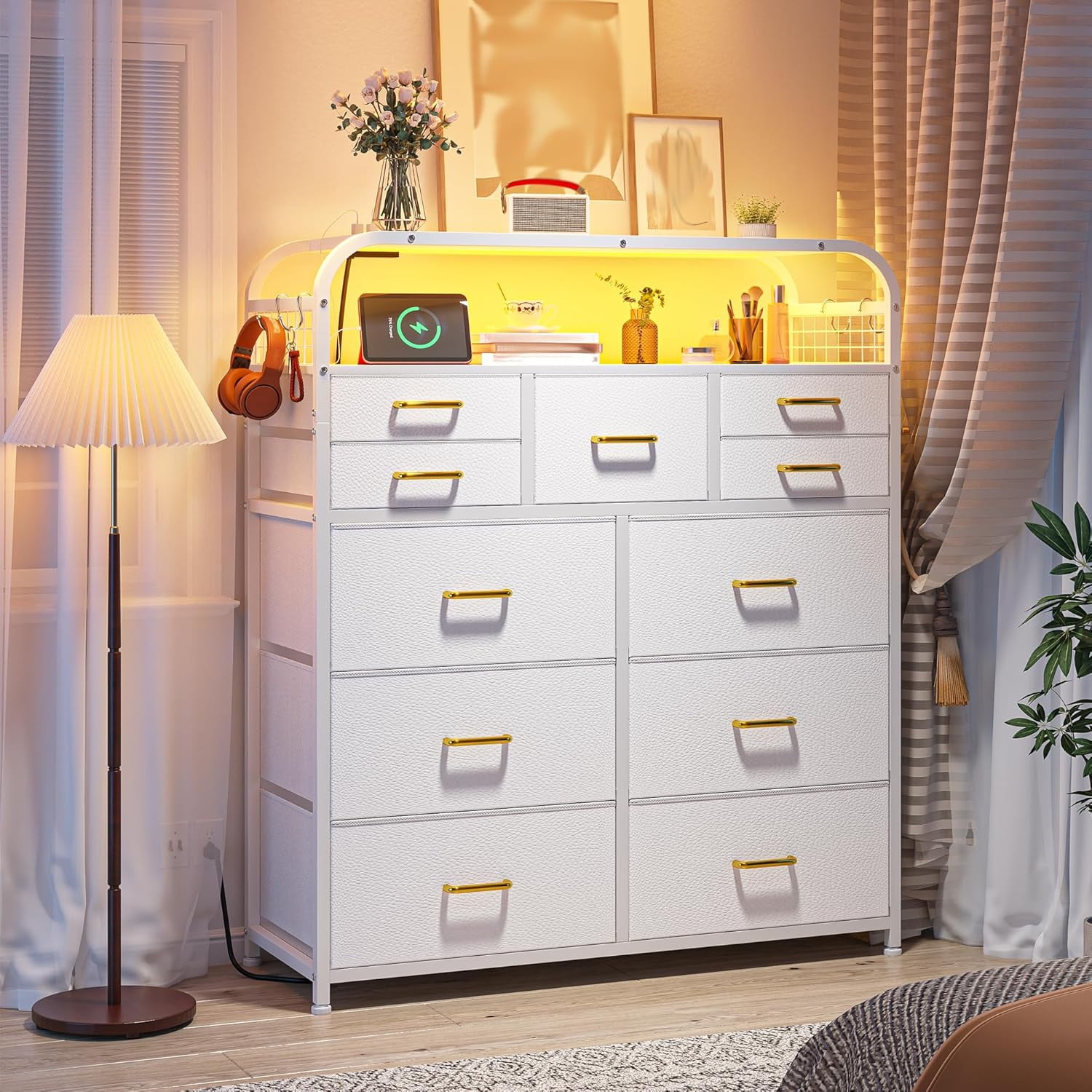 White Dresser with LED Lights & Charging Station, Dresser for Bedroom ...