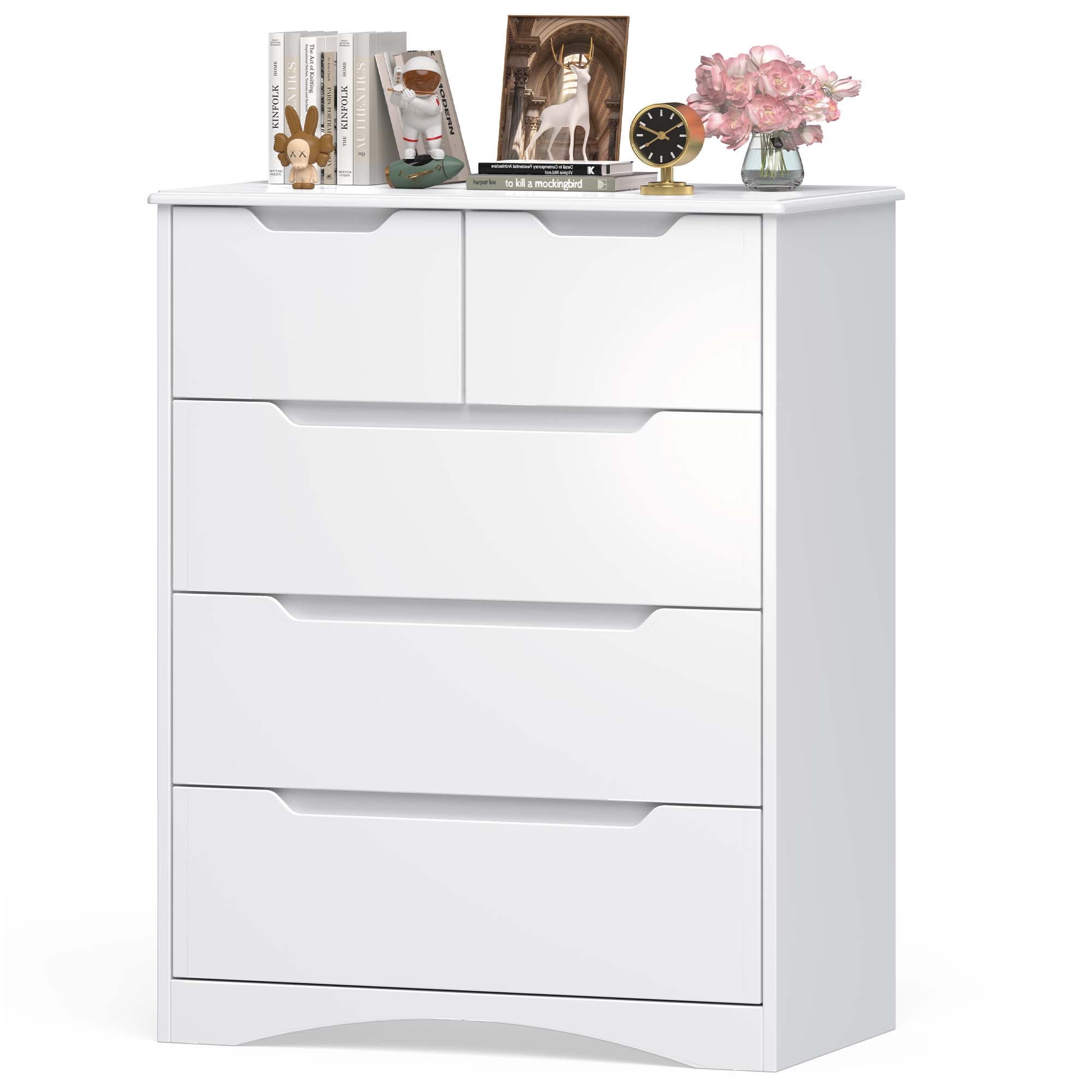 White Dresser, Lofka 5 Drawers Dresser Wood Chest of Drawers with Cut ...
