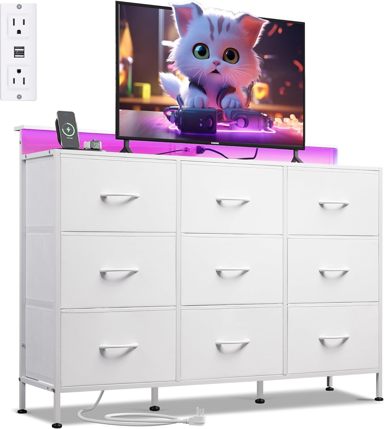 White Dresser TV Stand for 50, 55 inch, Led Dresser for Bedroom, 9 ...