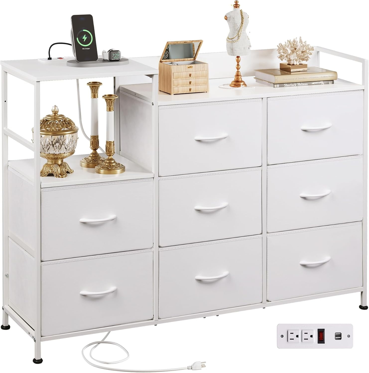 White Dresser TV Stand for Bedroom with Charging Station and Open ...