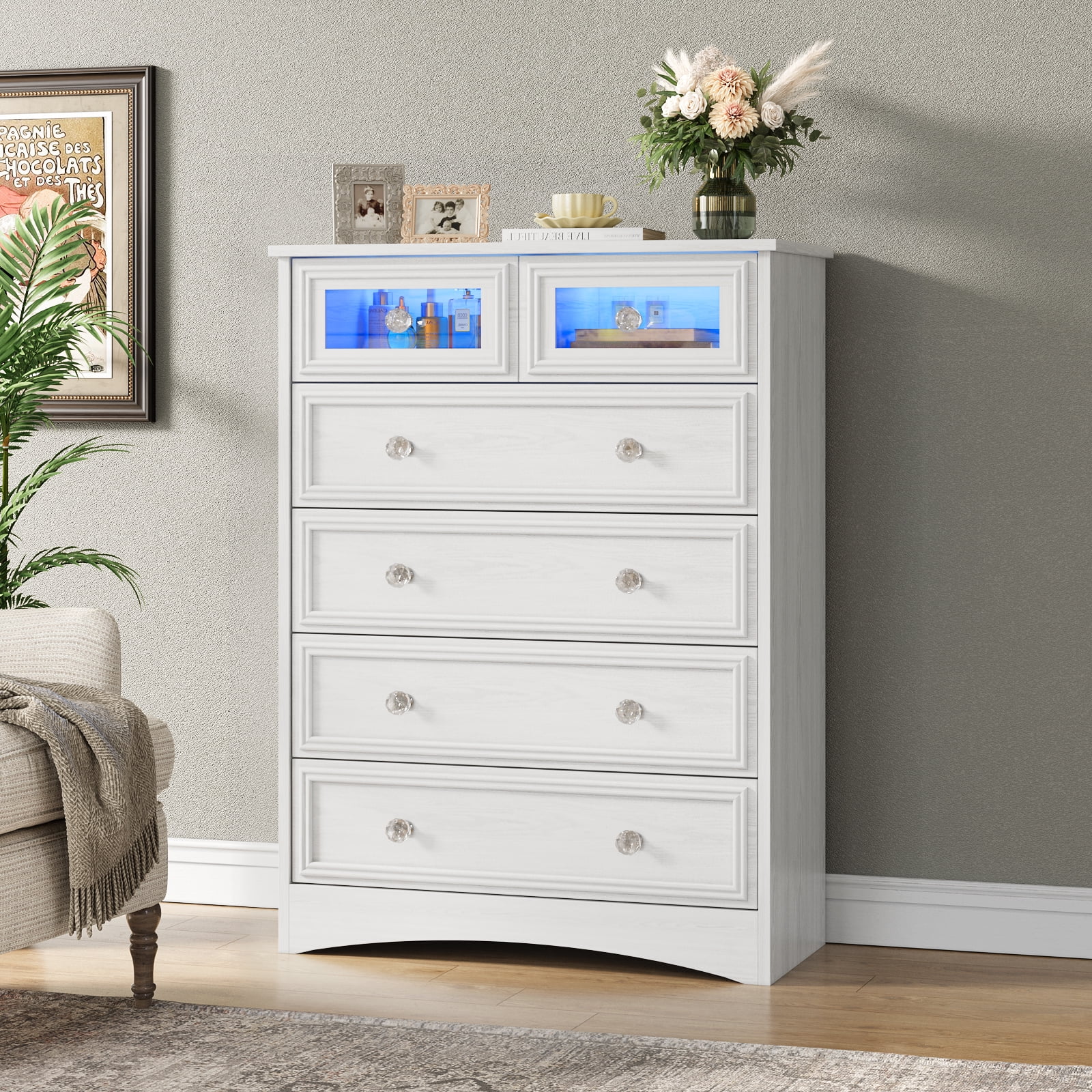 White Dresser for Bedroom, 6 Drawer Dresser with Led Light, Tall Wood ...