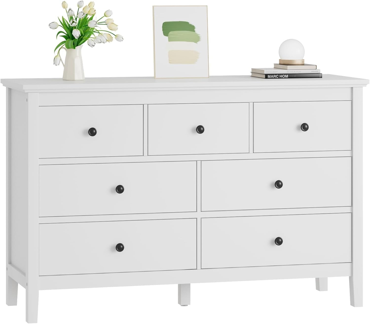 White Dresser for Bedroom, 7 Drawer Dresser with Wide Drawers and Metal ...