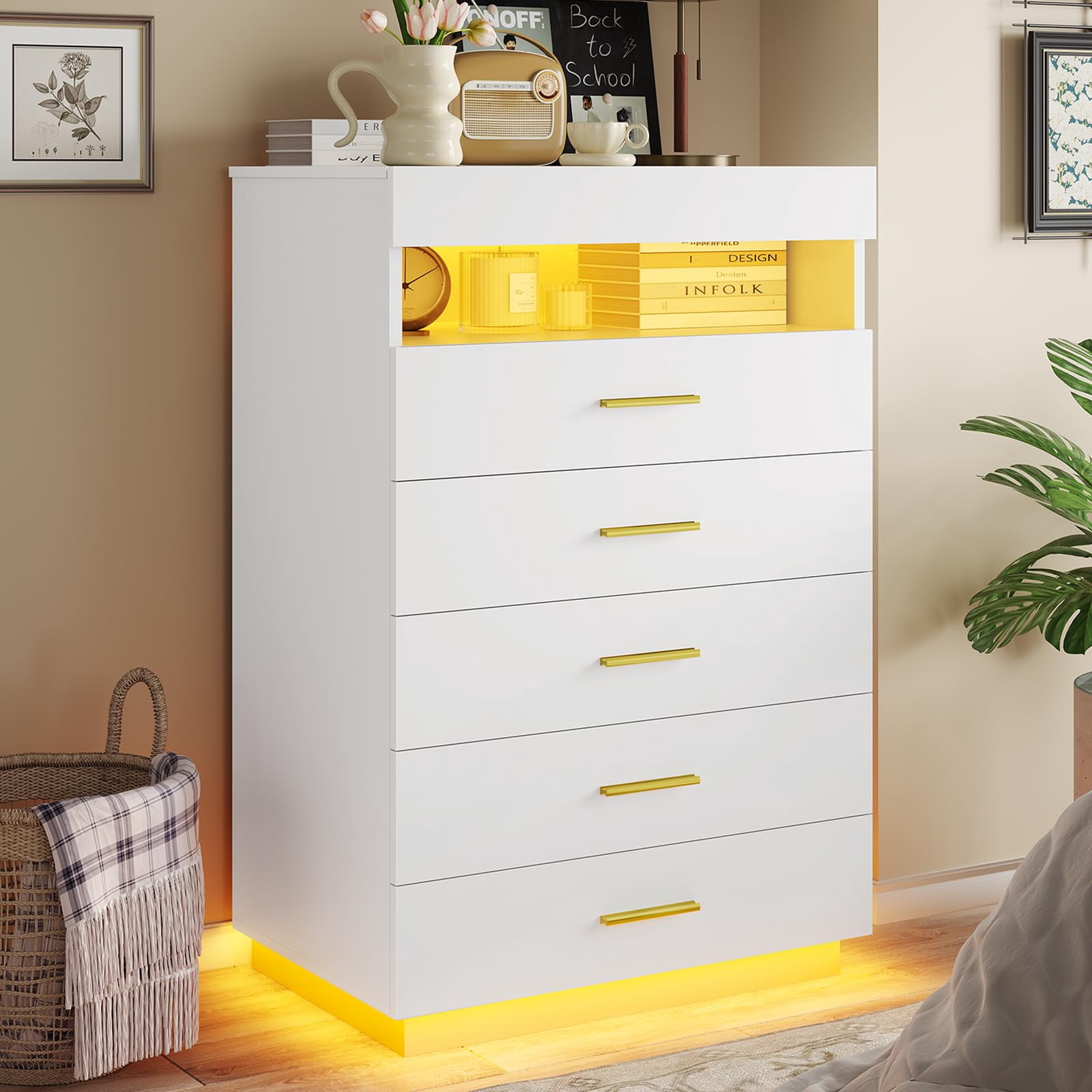 White Dresser with LED Lights, Floating Tall 5 Drawers Dresser with ...