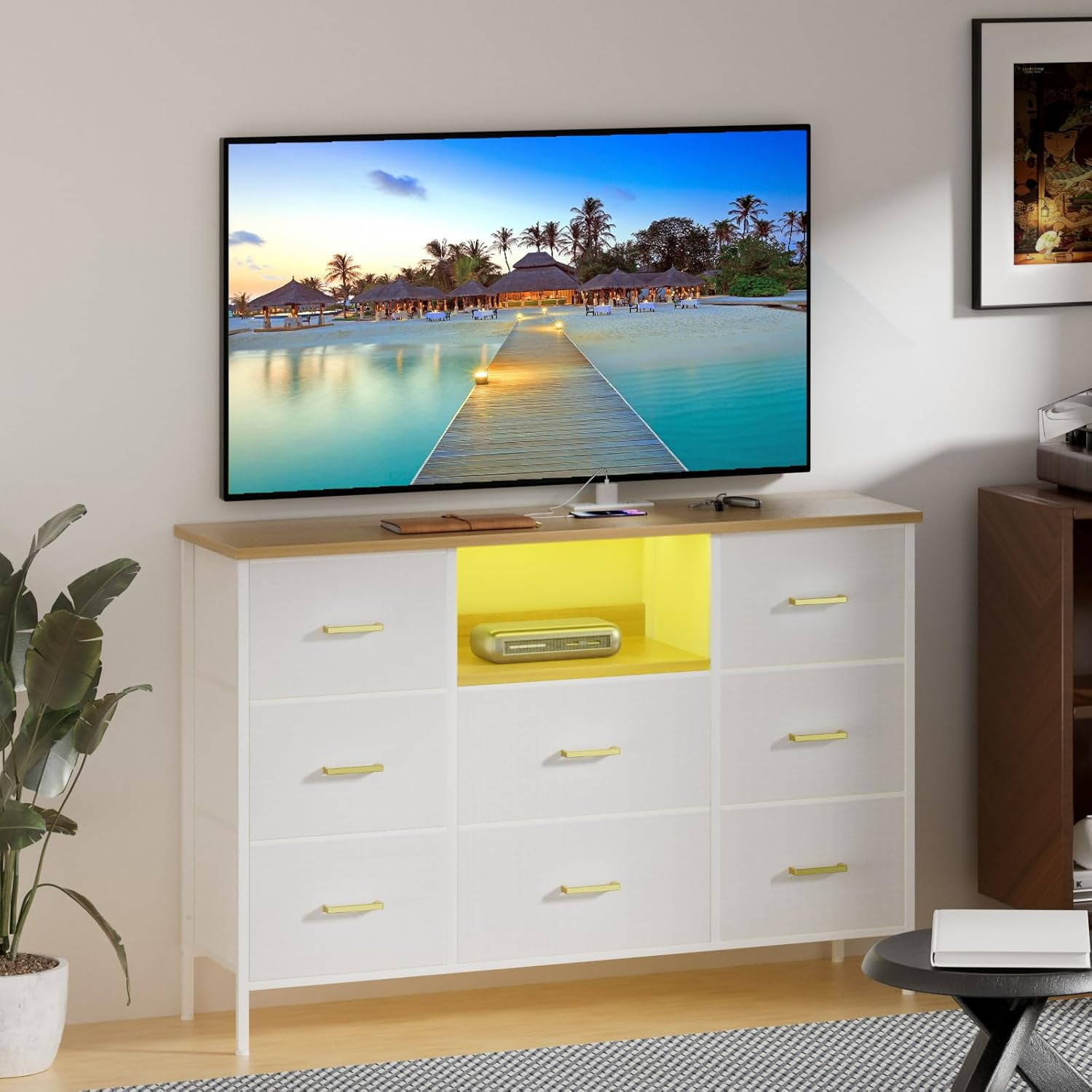 White Dresser with LED Lights & Power Outlets, Dresser TV Stand with 8 ...