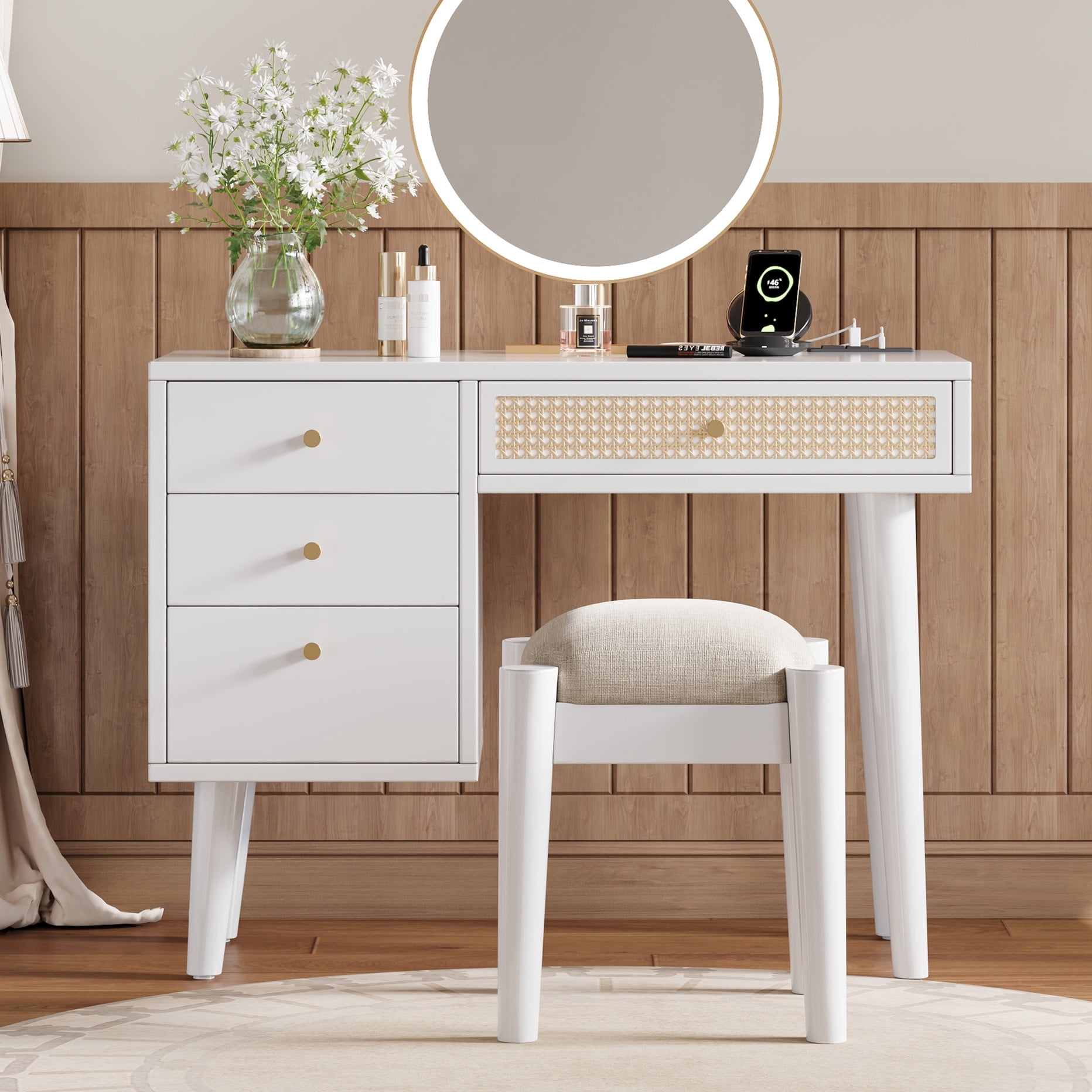 White Dressing Table With 4 Drawers - Retro Bohemian, Charging Function ...