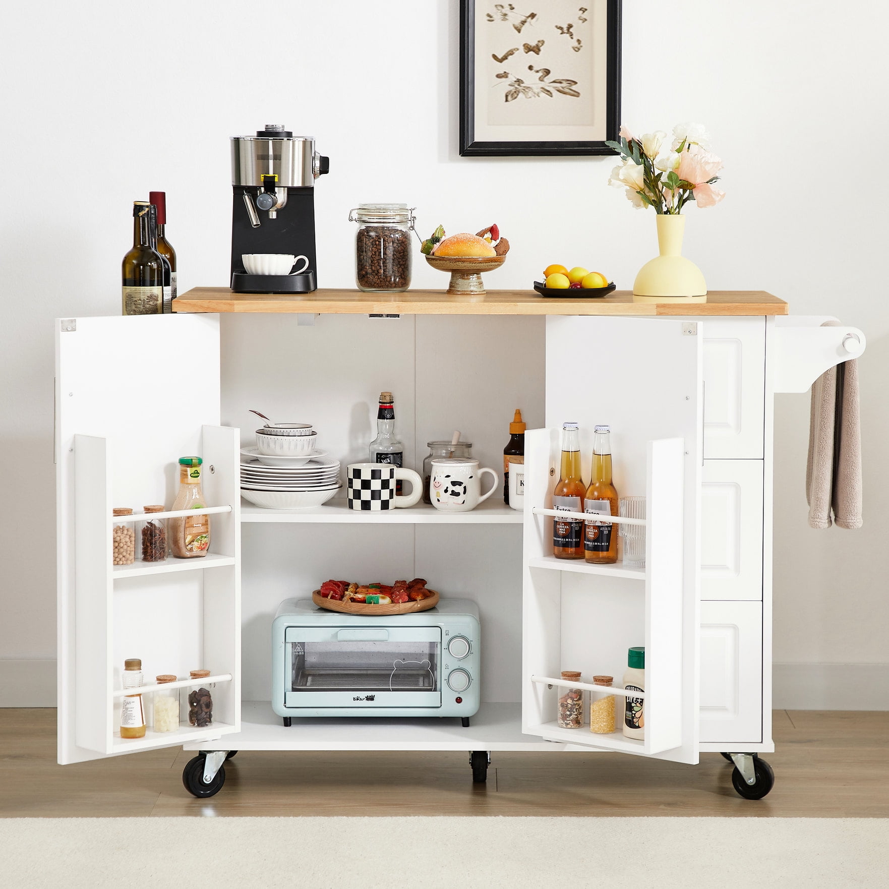 White Drop Leaf Kitchen Island - Fold Down to Save Space in Small ...