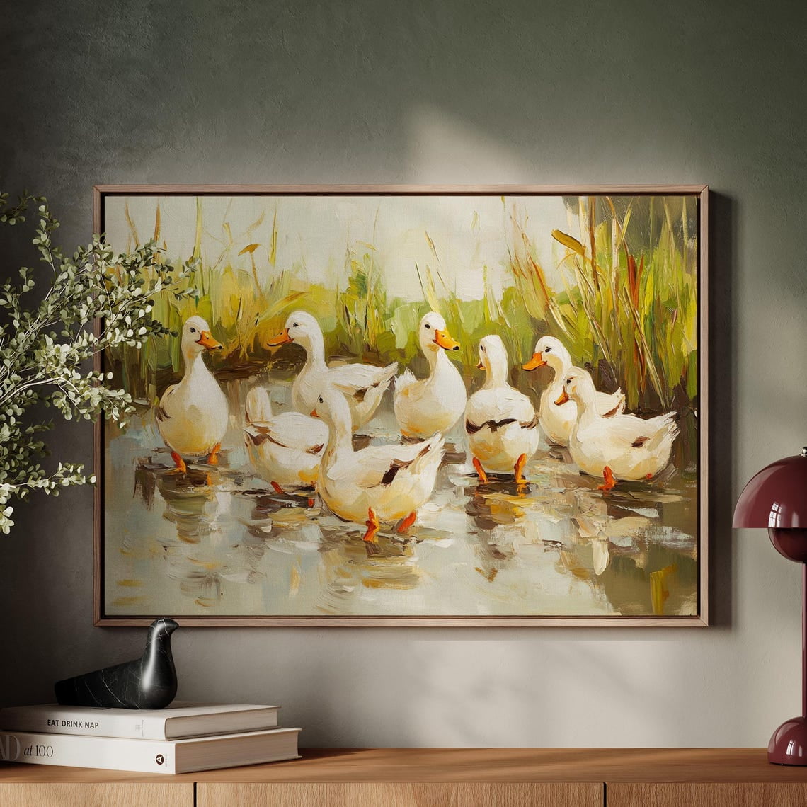 White Duck Pond Painting – Peaceful Farm Animal Wall Art Print With ...