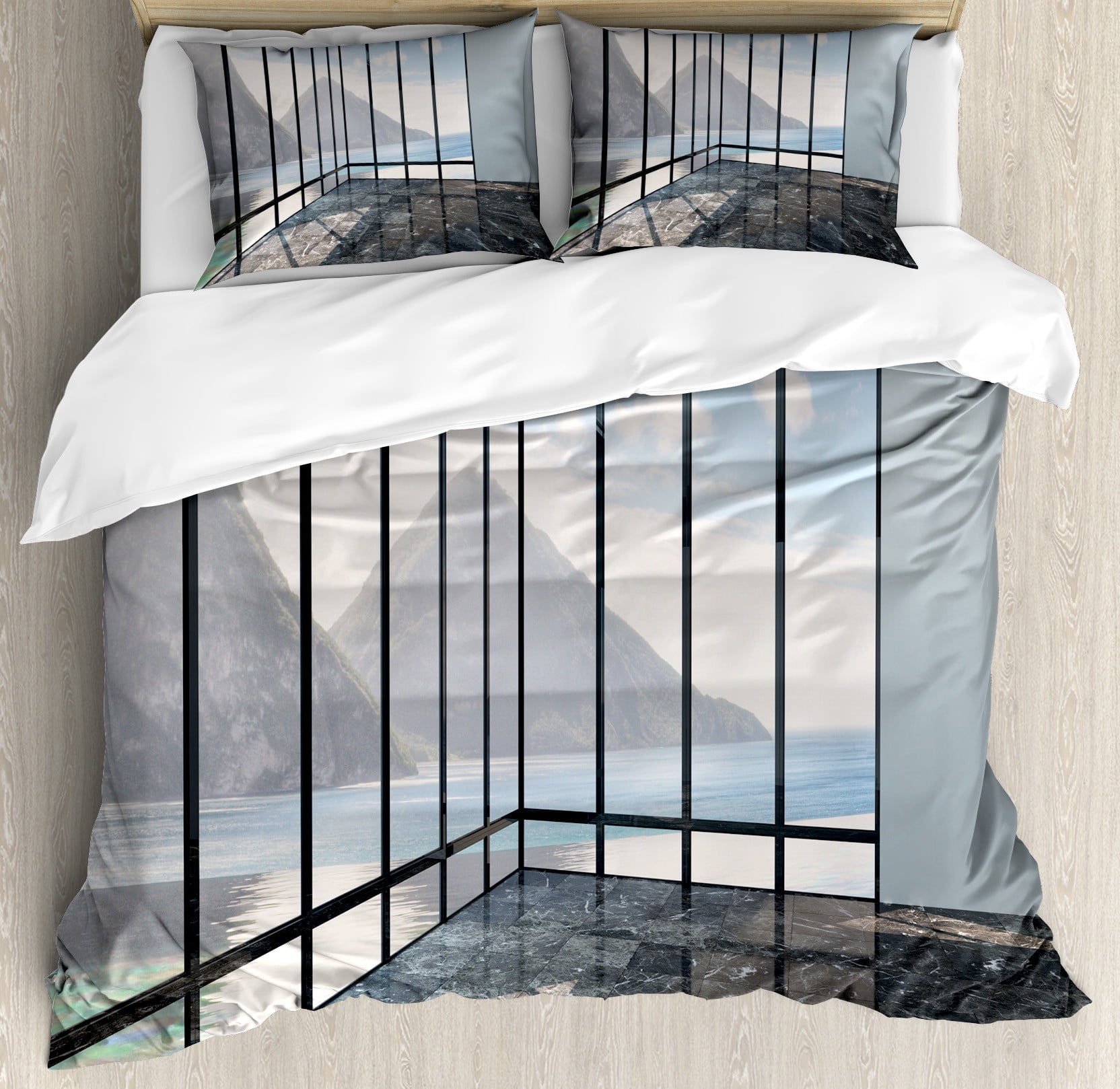 White Duvet Cover Set, Mountain Ocean Sea Clouds Scenery from Glass ...
