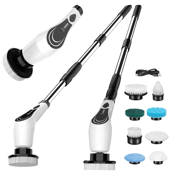 White Electric Spin Scrubber, Cordless Spin Scrubber with 8 Replaceable ...