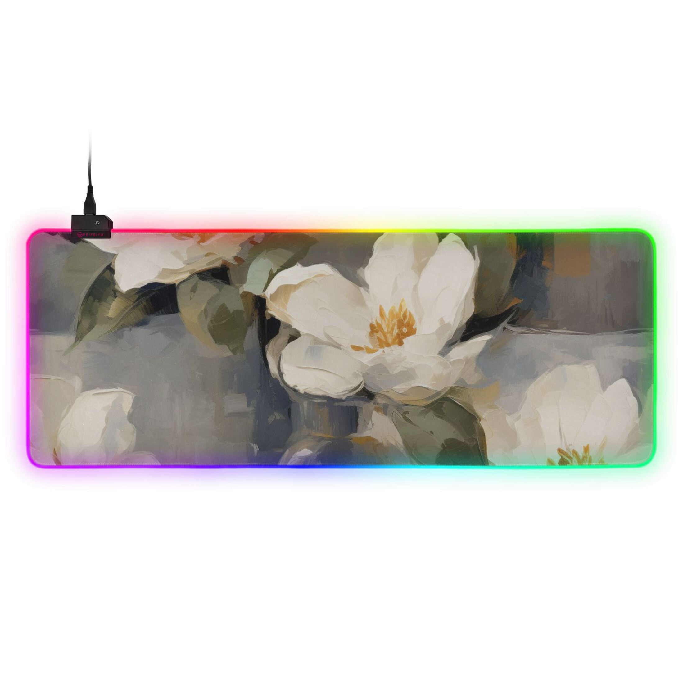 White Elegant Gardenia RGB Gaming Mouse Pad Large Keyboard Mat Rubber ...