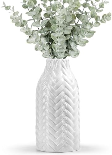 White Embossed Ceramic Vase, 8 Inch Decorative Vase for Home Decor ...