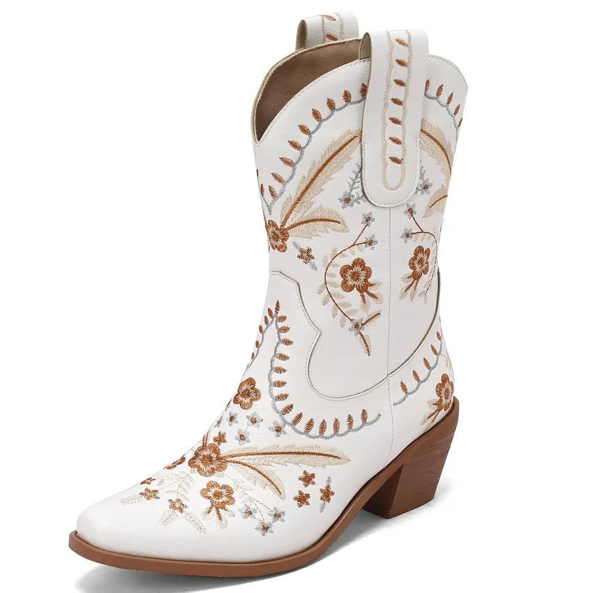 White Embroidered Floral Cowgirl Boots Sewing Western Boots for Women ...