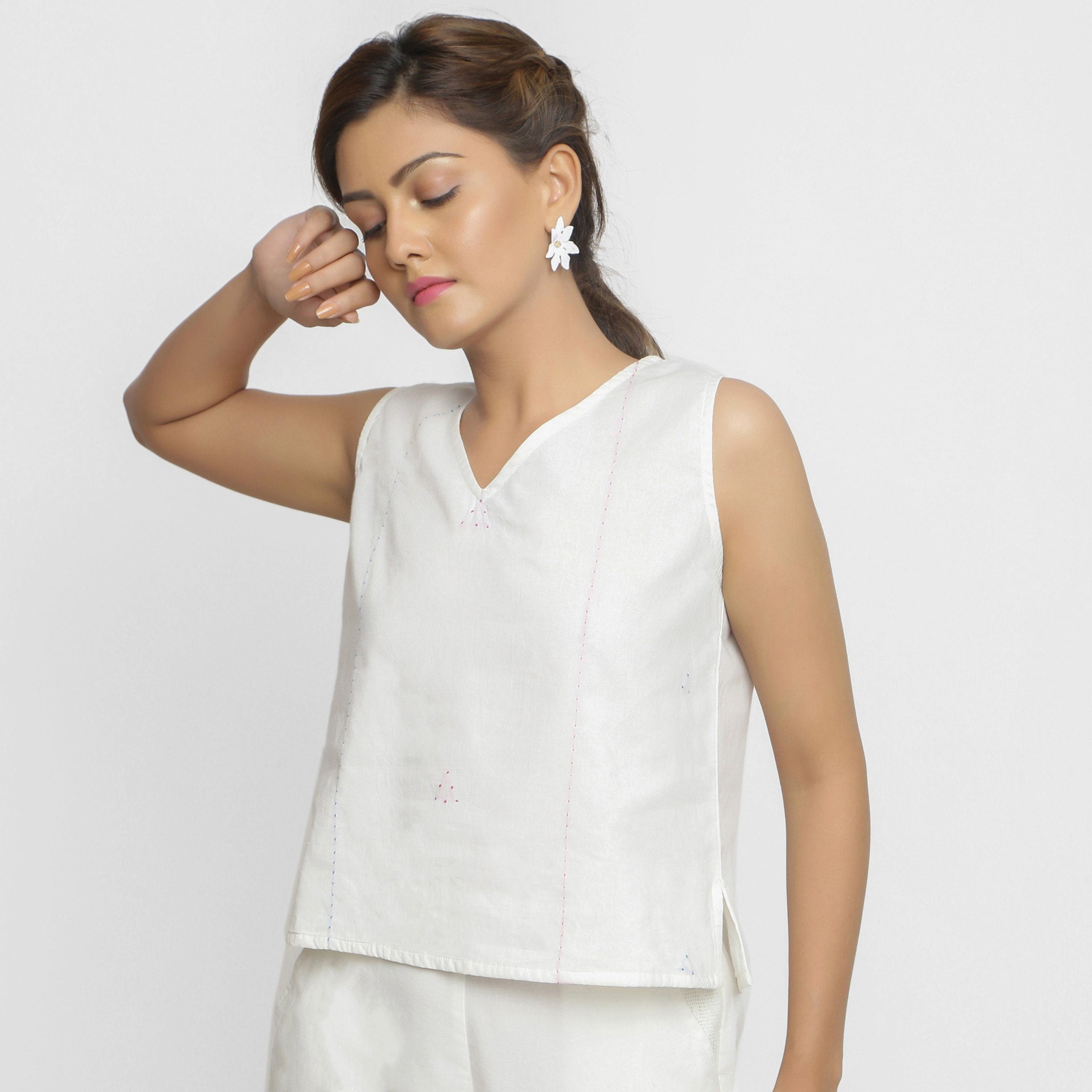 White Embroidered Organic Cotton Sleeveless Top - Walmart.com