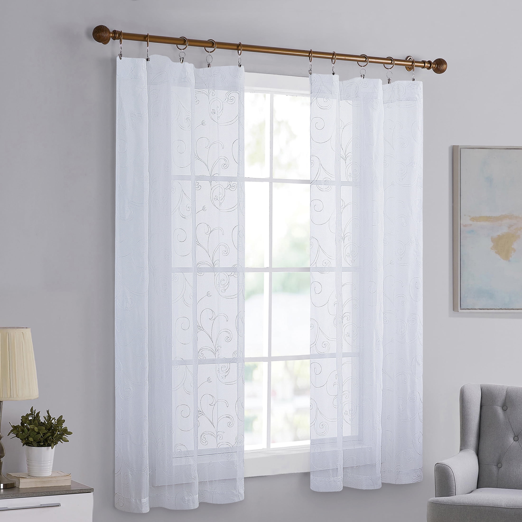 White Embroidered Sheer Single Curtain Panel, Mainstays, 38" x 63 ...
