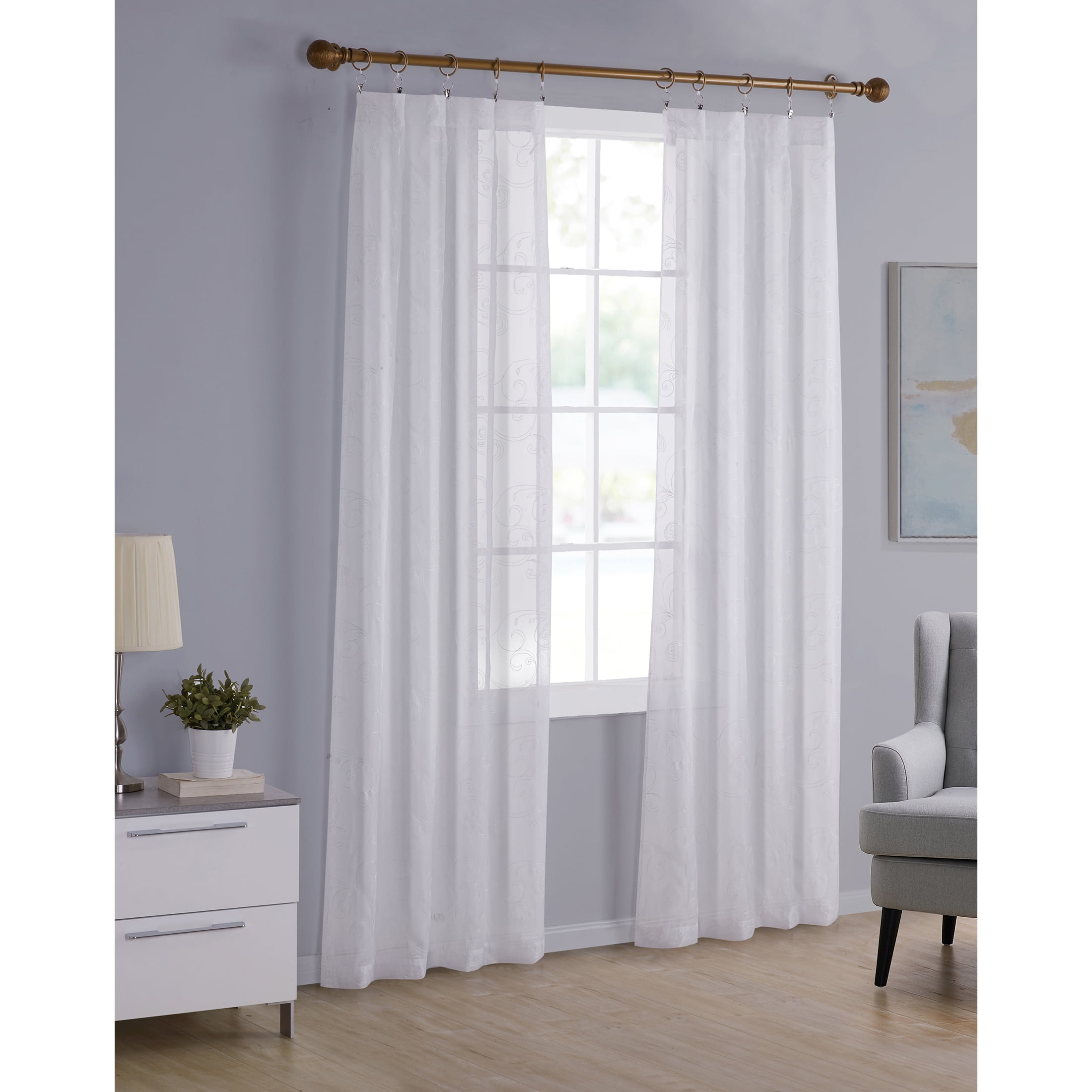 White Embroidered Sheer Single Curtain Panel, Mainstays, 38" x 95 ...