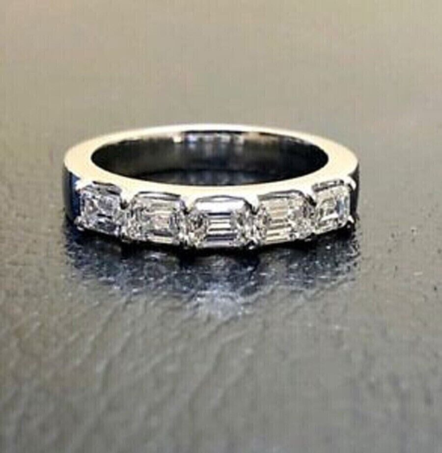 White Emerald Cut Diamond Wedding Half Eternity Band Ring 14k White ...