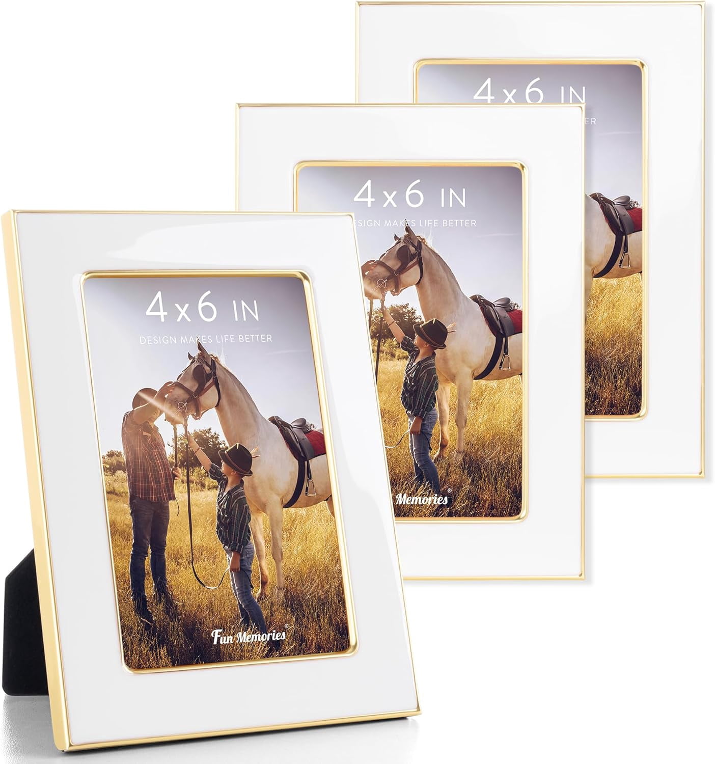 White Enamel Picture Frame with Gold Metal Edge & Easel, 4x6 Picture ...