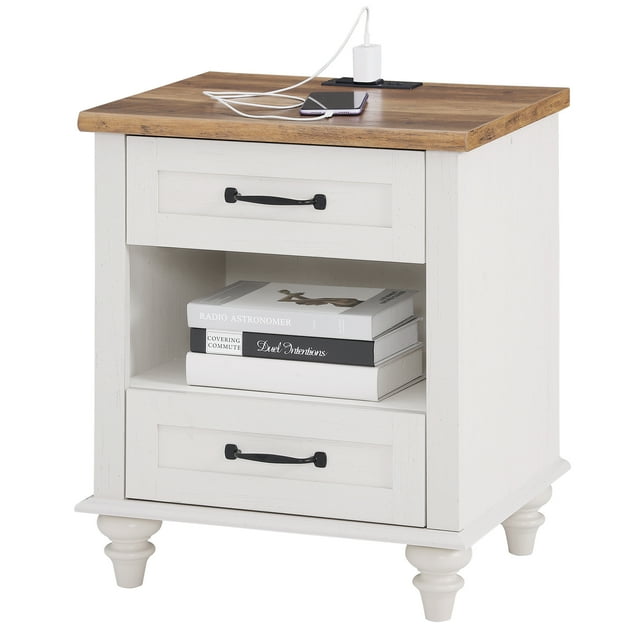 White End Table with 2 Drawer&Open Shelf,Wood Nightstand Bedside Table ...