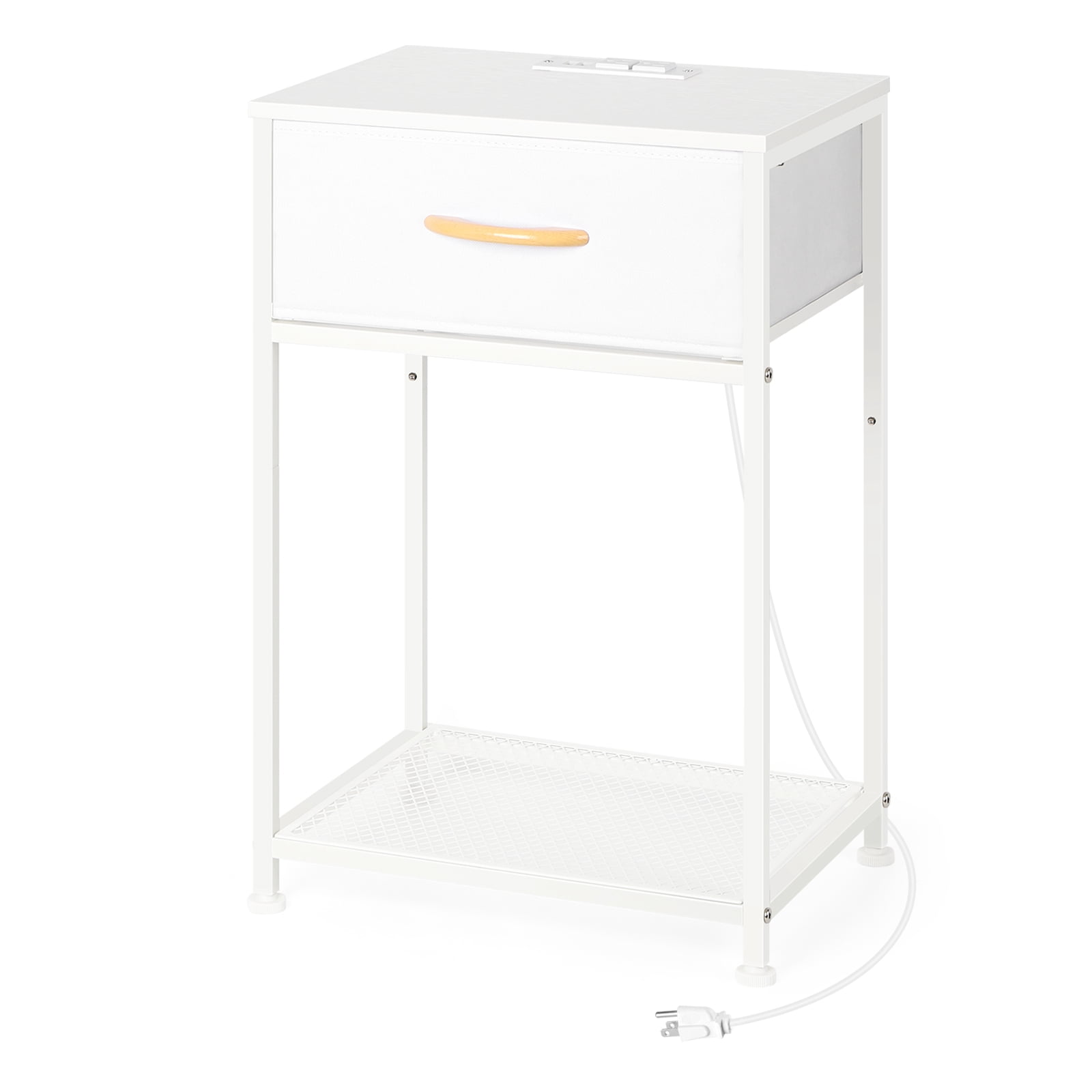 White End Table with Charging Station, Modern Nightstand with Fabric ...